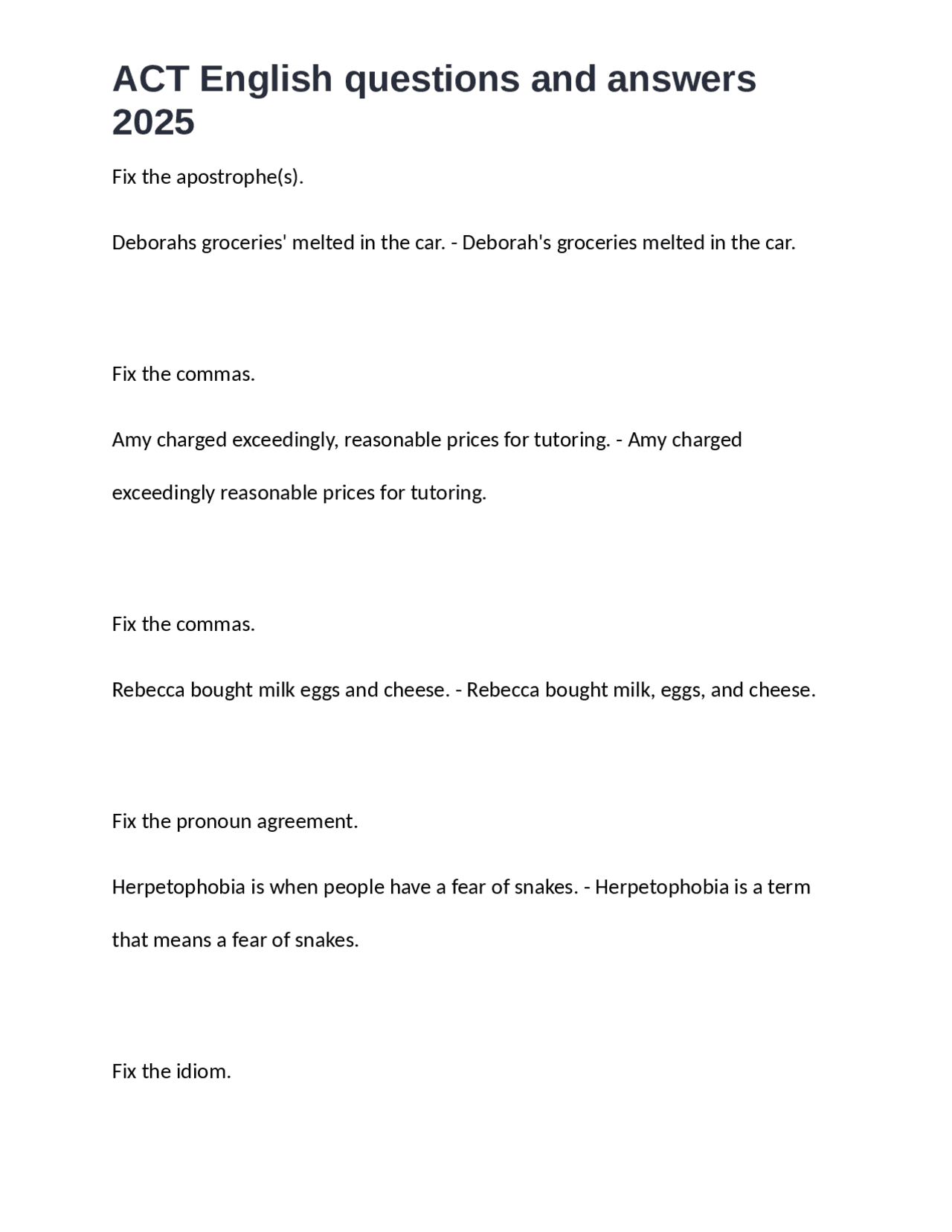ACT English Questions and Answers | Exams Nursing | Docsity