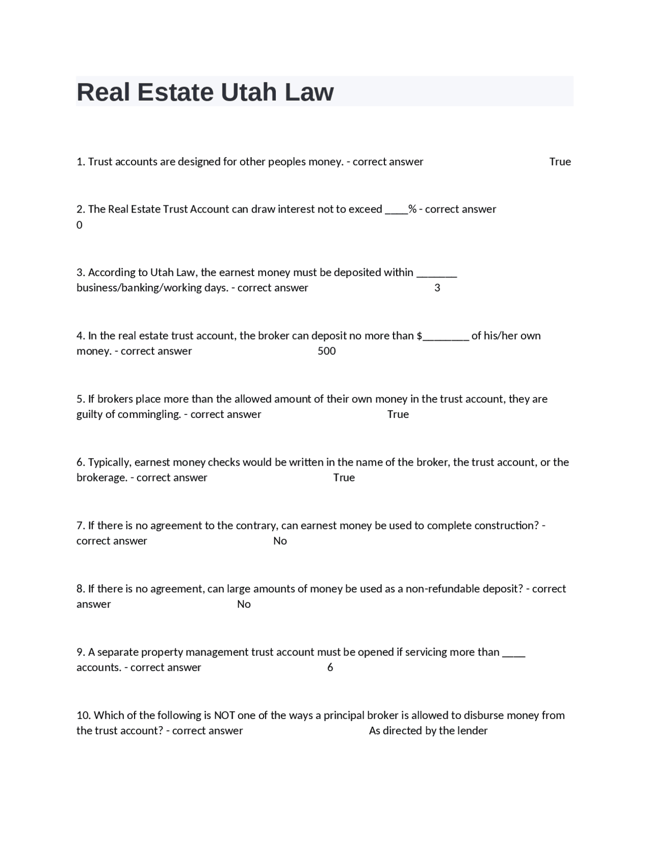 Real Estate Utah Questions And Correct Detailed Answers. | Exams ...