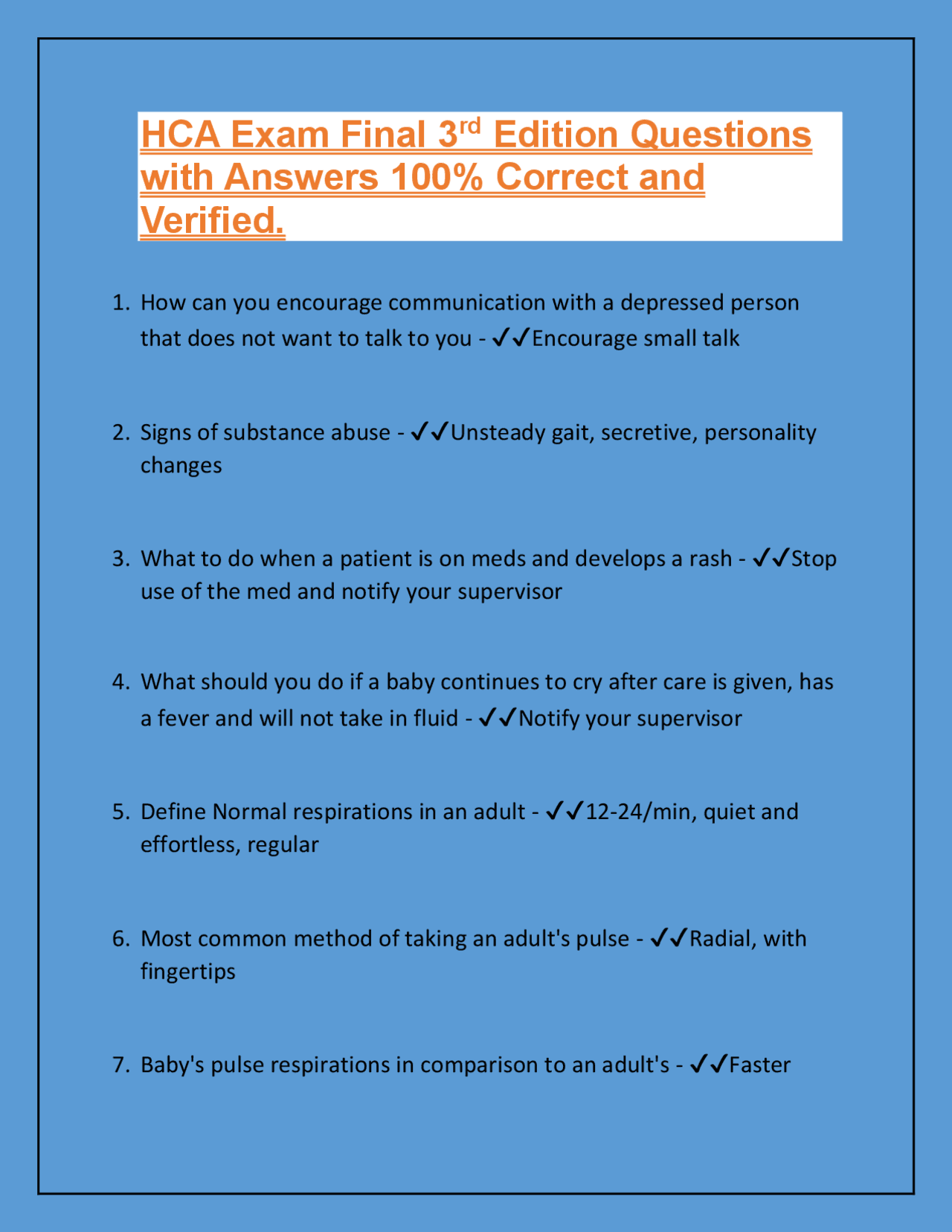 HCA Exam Final 3rd Edition Questions and Answers | Exams Nursing | Docsity