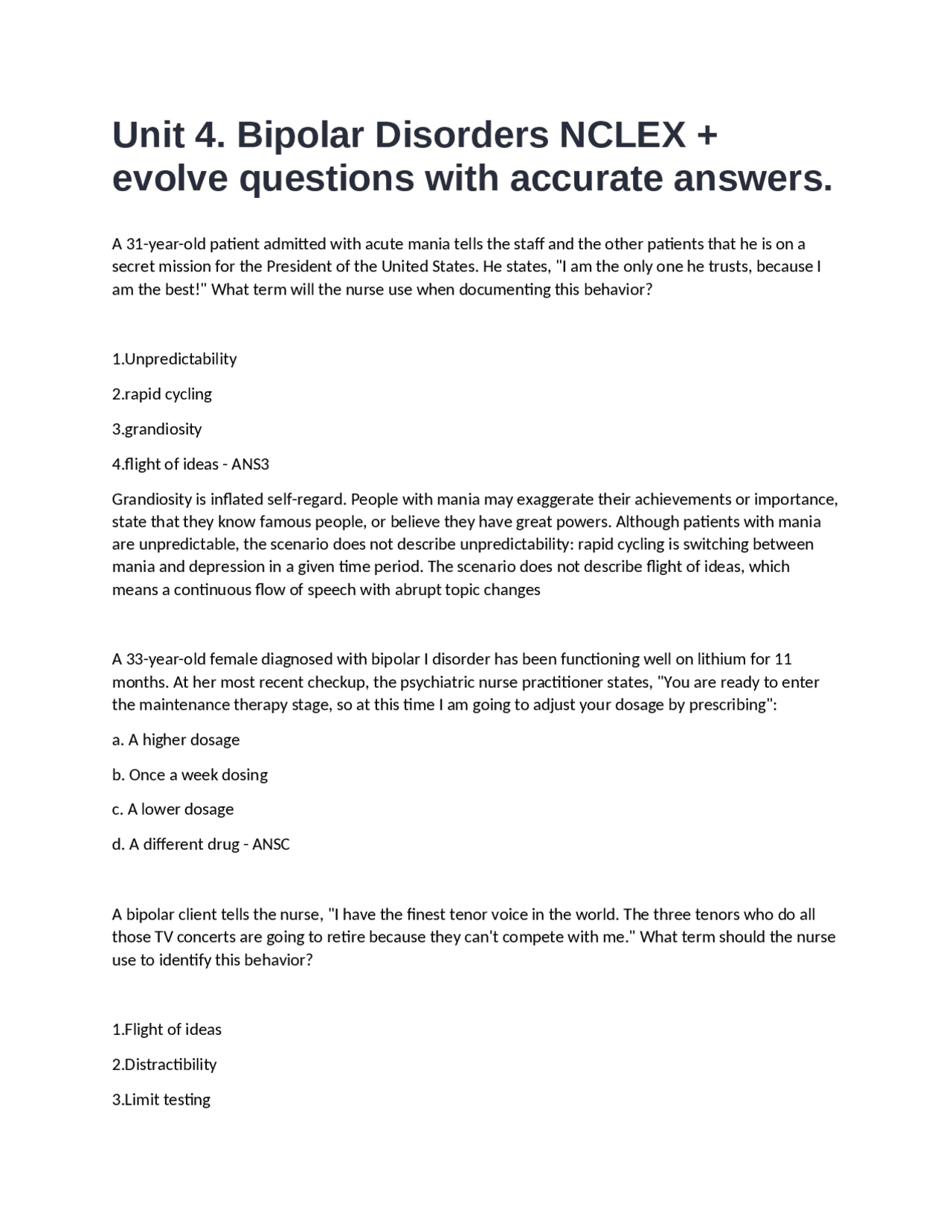 Unit 4. Bipolar Disorders NCLEX + evolve questions with accurate ...