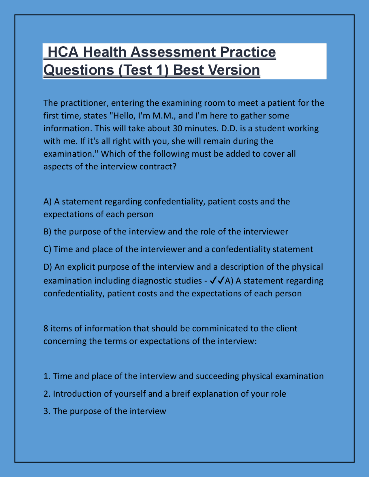 HCA Health Assessment Practice Questions (Test 1) Best Version | Exams ...