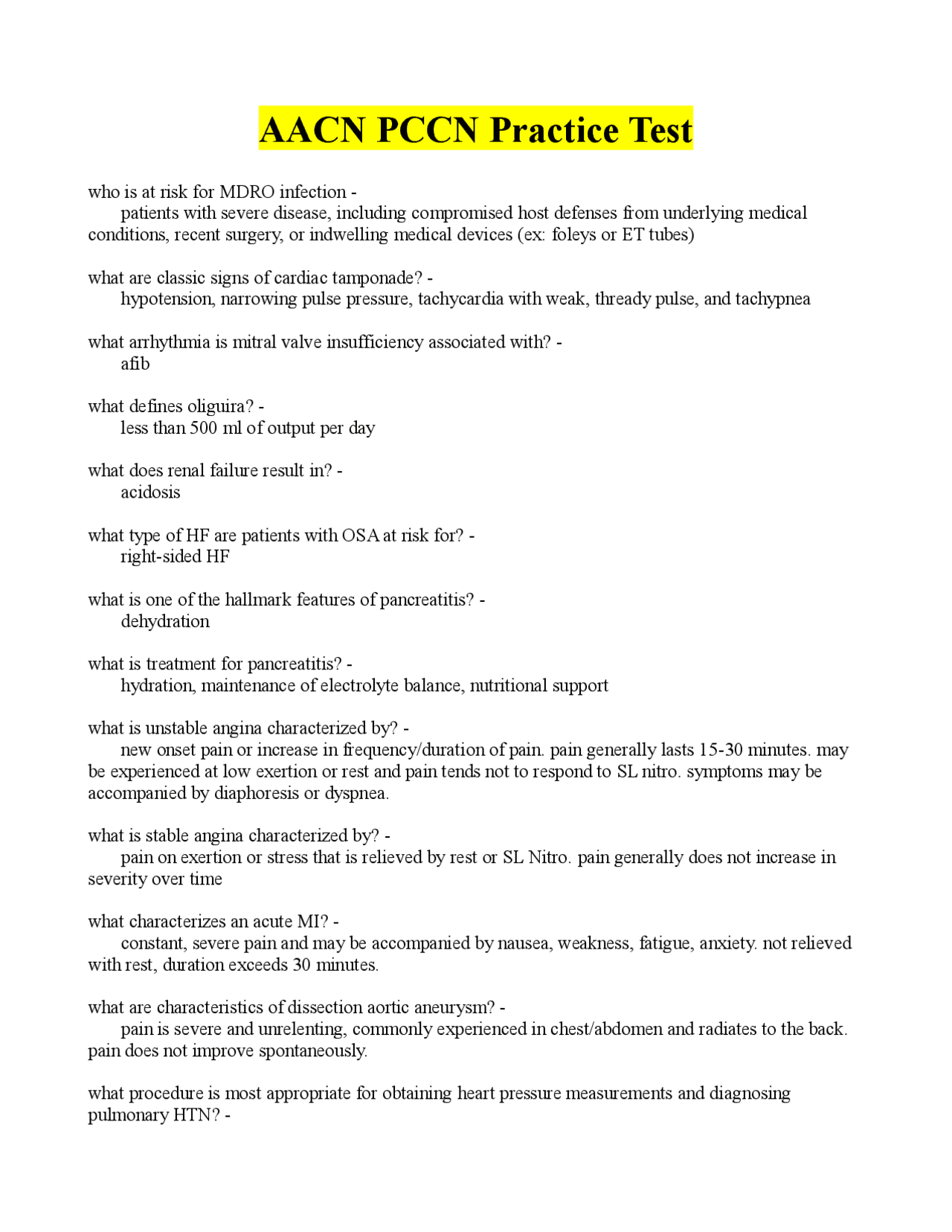 AACN PCCN Practice Test | Exams Nursing | Docsity