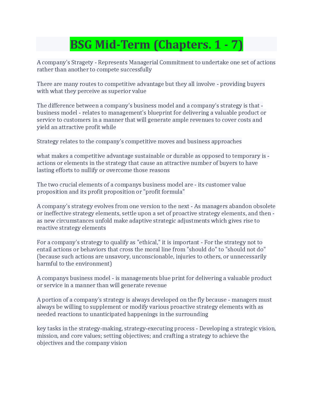 BSG Mid-Term (Chapters. 1 - 7) Questions And Answers | Exams Business ...