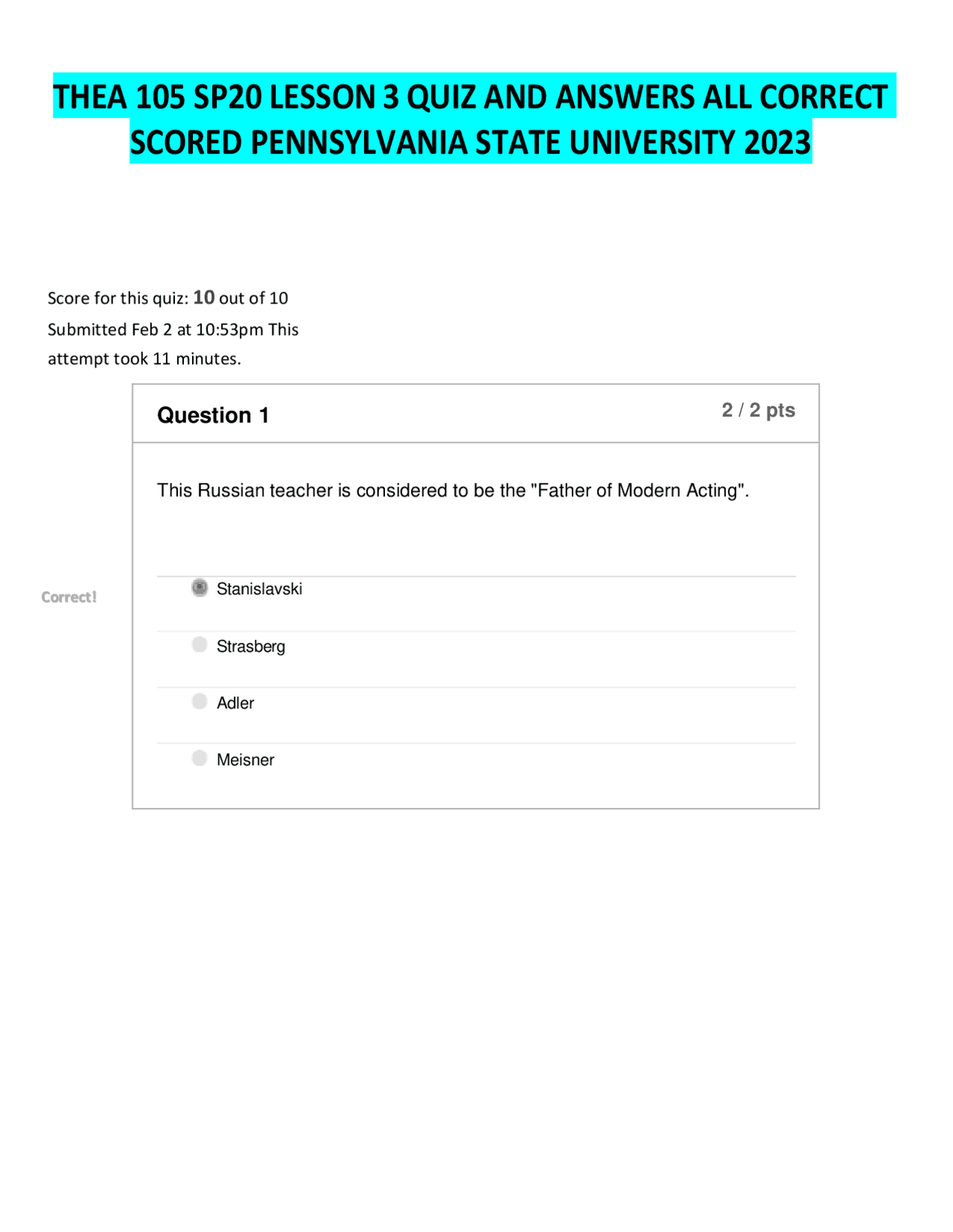 THEA 105 SP20 Lesson 3 Quiz and Answers | Exams Advanced Education ...