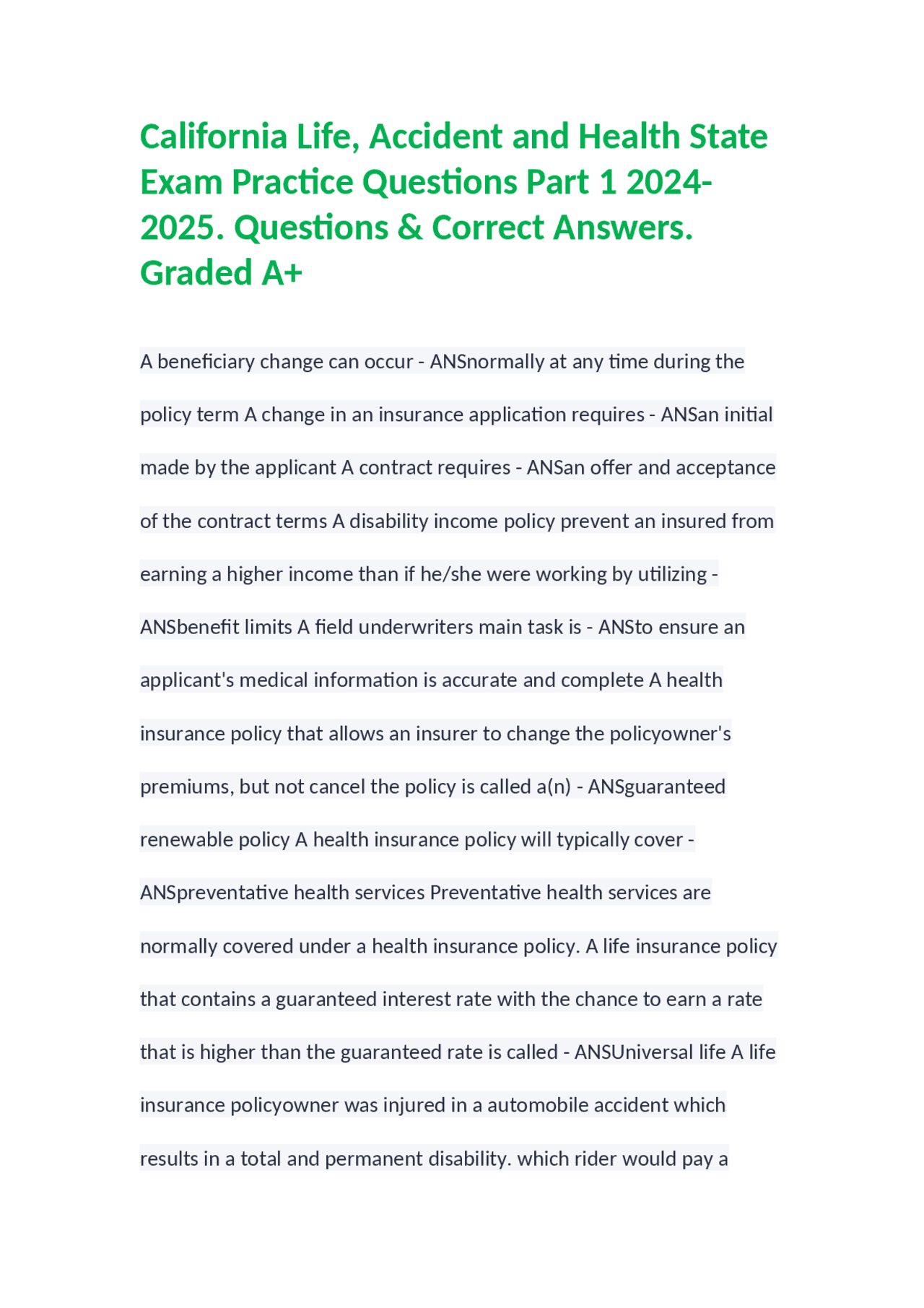 Life Insurance Policy Provisions and Concepts | Exams Nursing | Docsity
