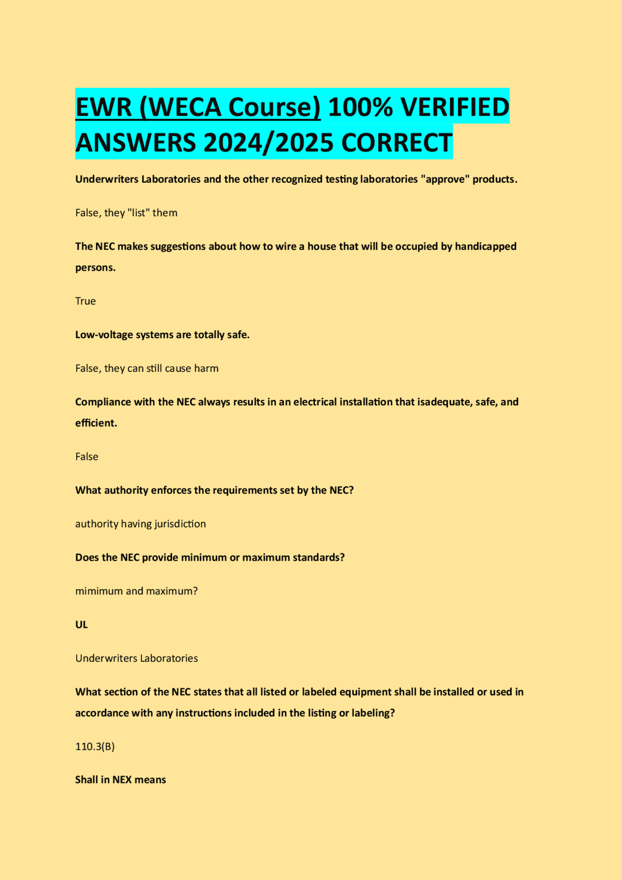 EWR (WECA Course) 100% VERIFIED ANSWERS 2024/2025 CORRECT | Exams ...