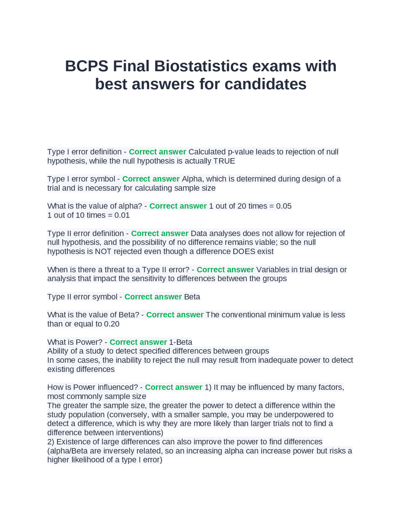 Bcps Final Biostatistics Exams With Best Answers Exams Biology Docsity