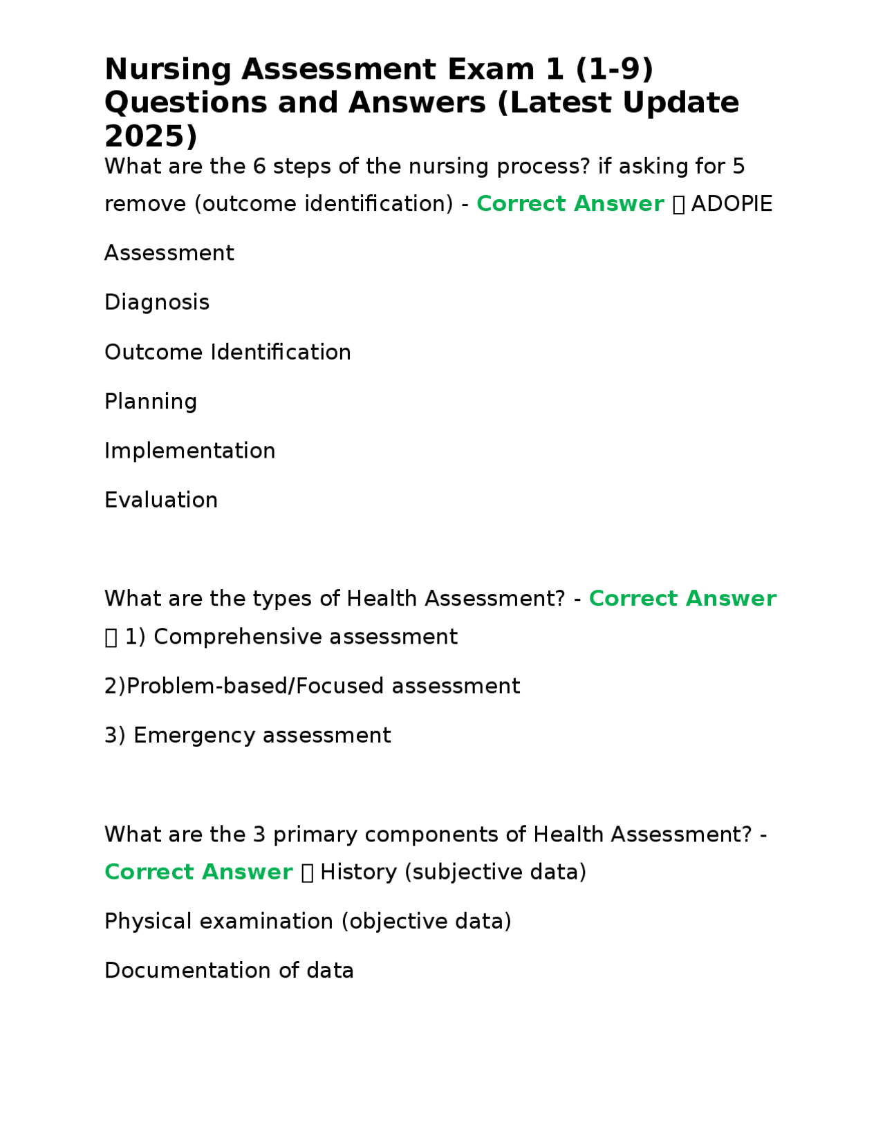 Nursing Assessment Exam 1 (1-9) Questions and Answers | Exams Nursing ...