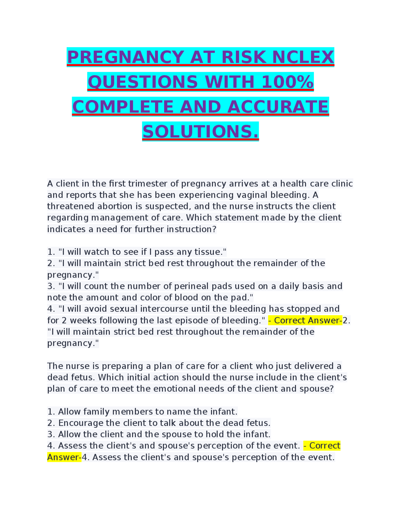 PREGNANCY AT RISK NCLEX QUESTIONS WITH 100% COMPLETE AND ACCURATE ...