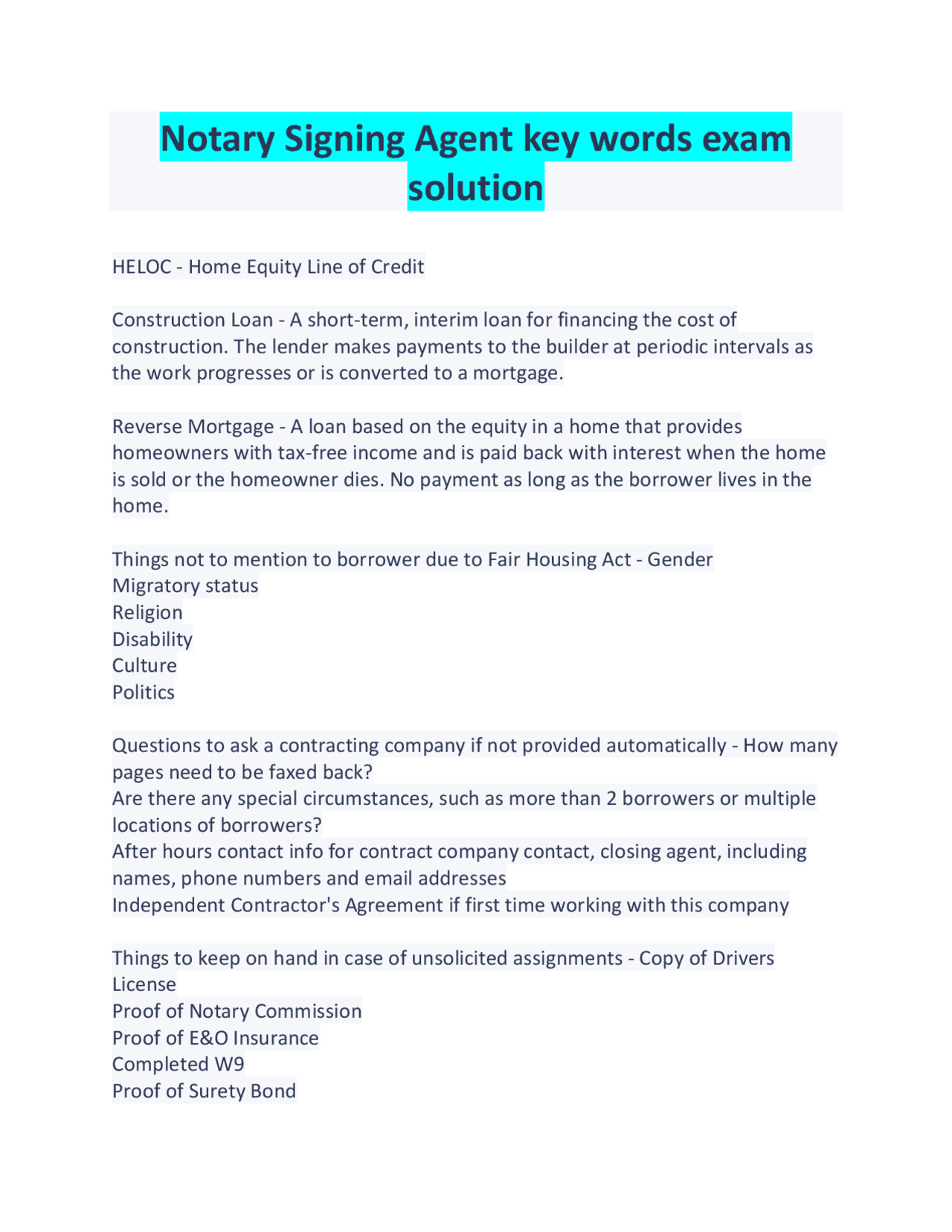 Notary Signing Agent Exam Preparation | Exams Advanced Education | Docsity