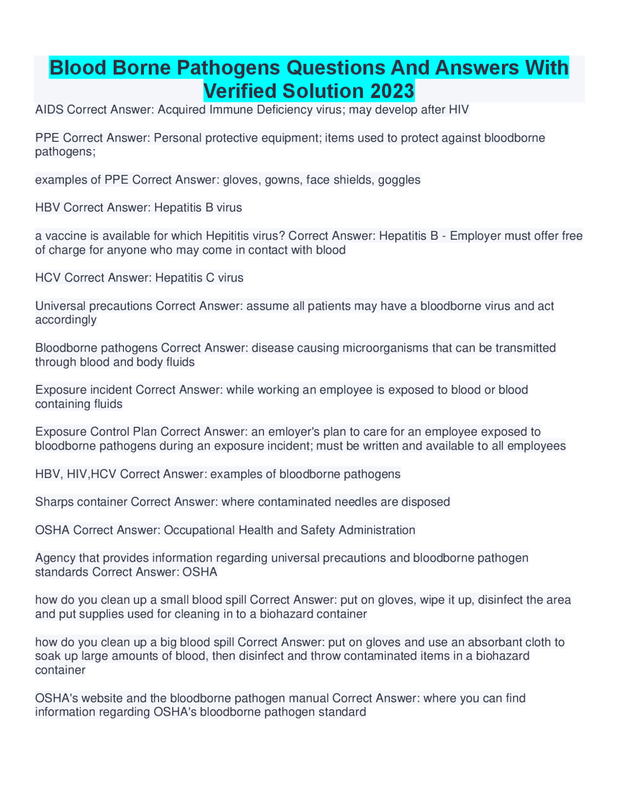 Blood Borne Pathogens: Comprehensive Questions and Answers | Exams ...
