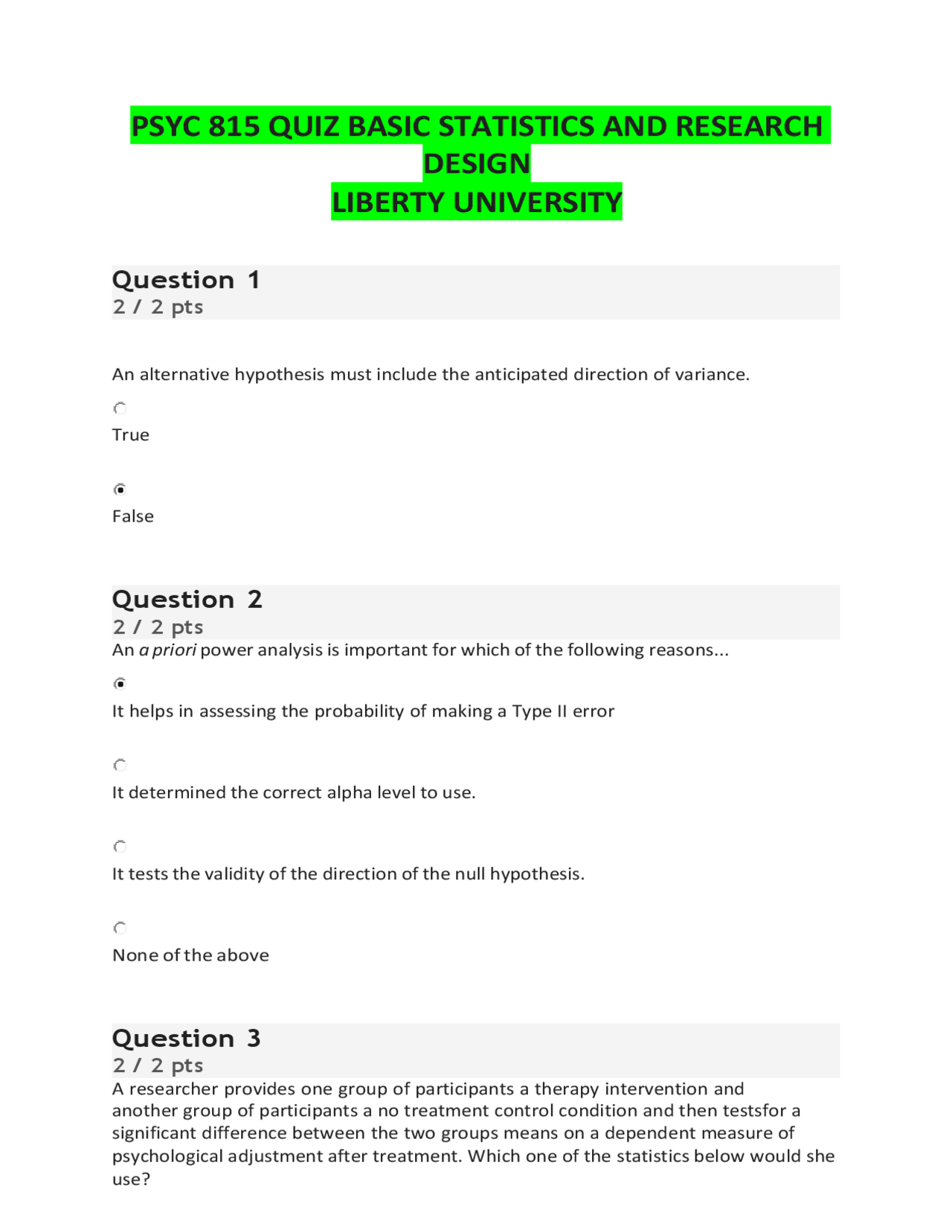 PSYC 815 QUIZ BASIC STATISTICS AND RESEARCH DESIGN | Exams Advanced Education | Docsity