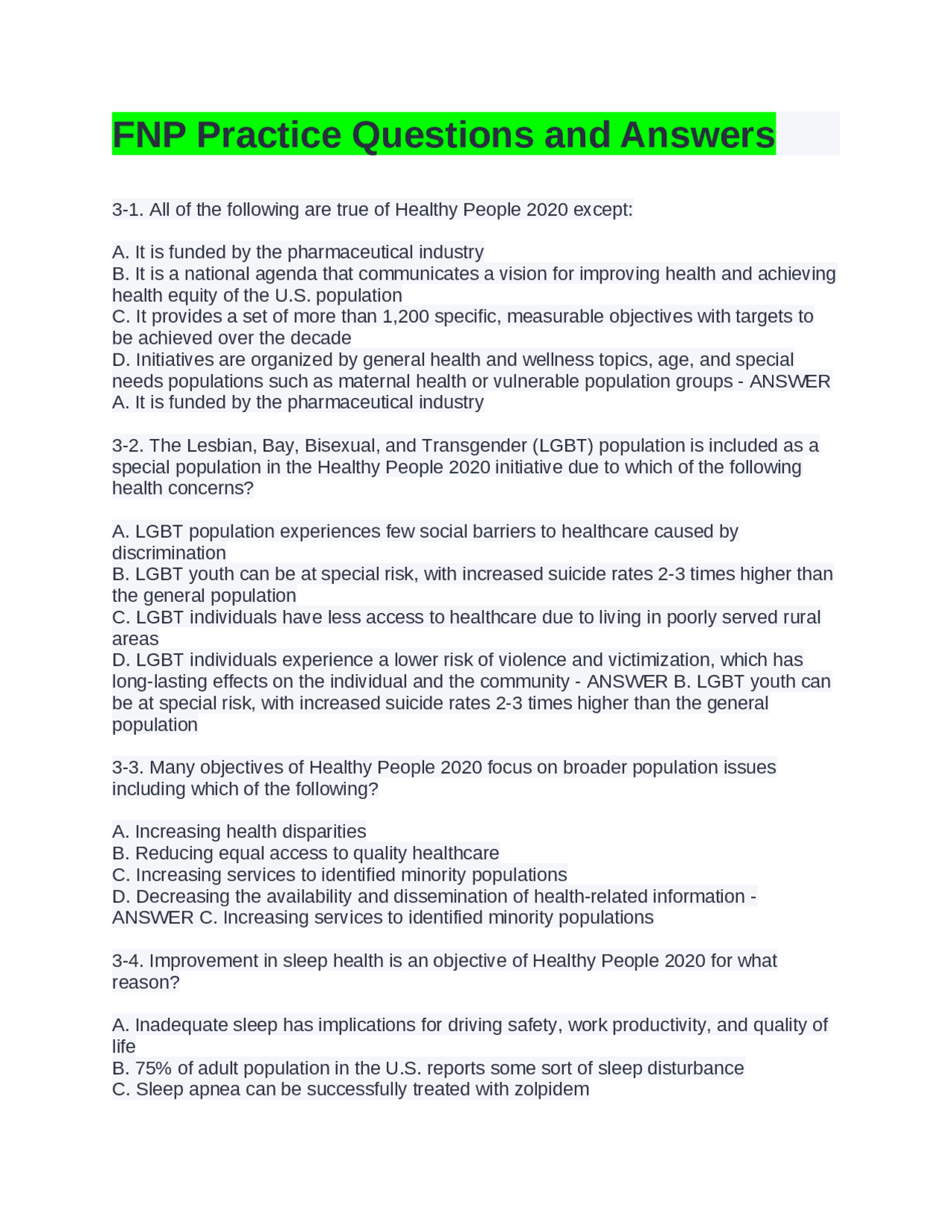 FNP Practice Questions and Answers | Exams Nursing | Docsity