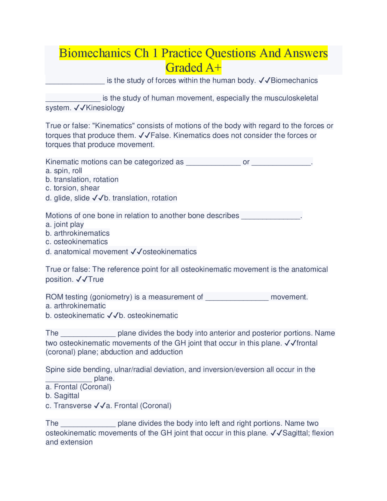 Biomechanics Ch 1 Practice Questions And Answers Graded A+ | Exams ...