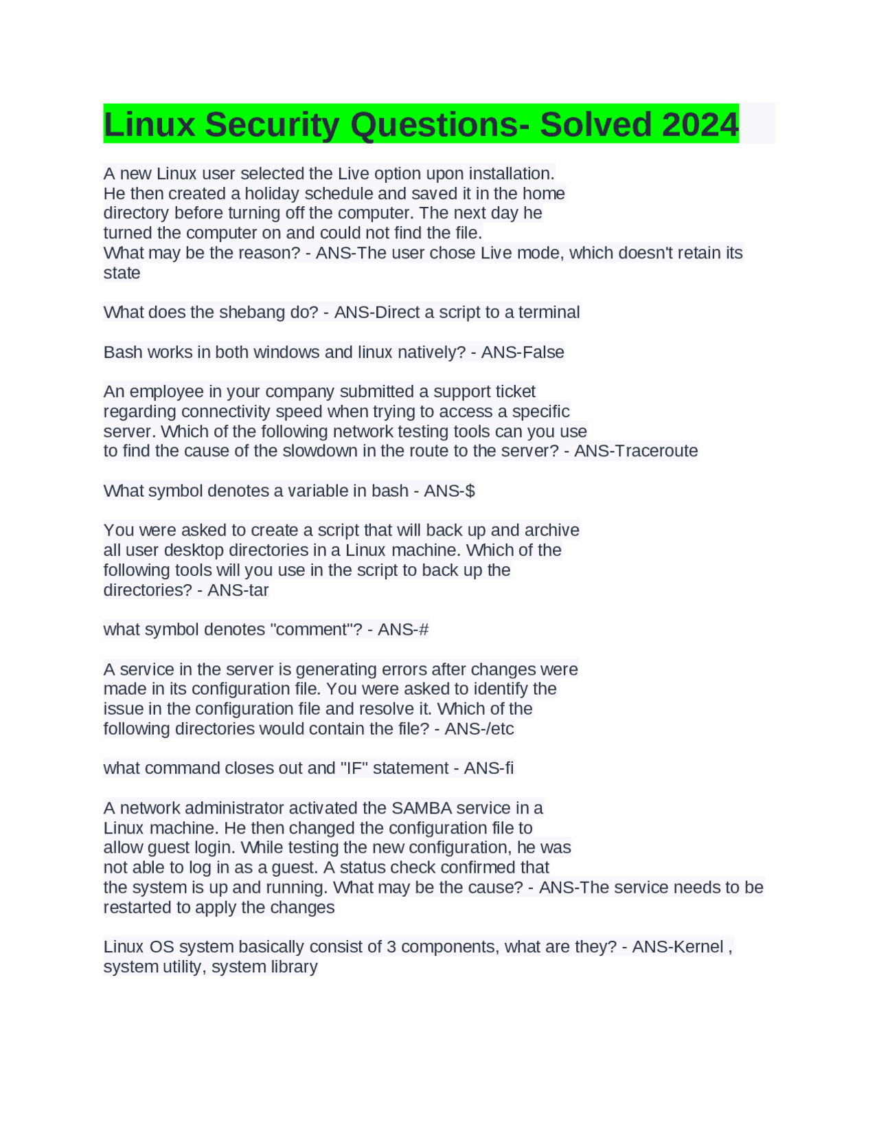 Linux Security Questions - Solved 2024 | Exams Advanced Education | Docsity