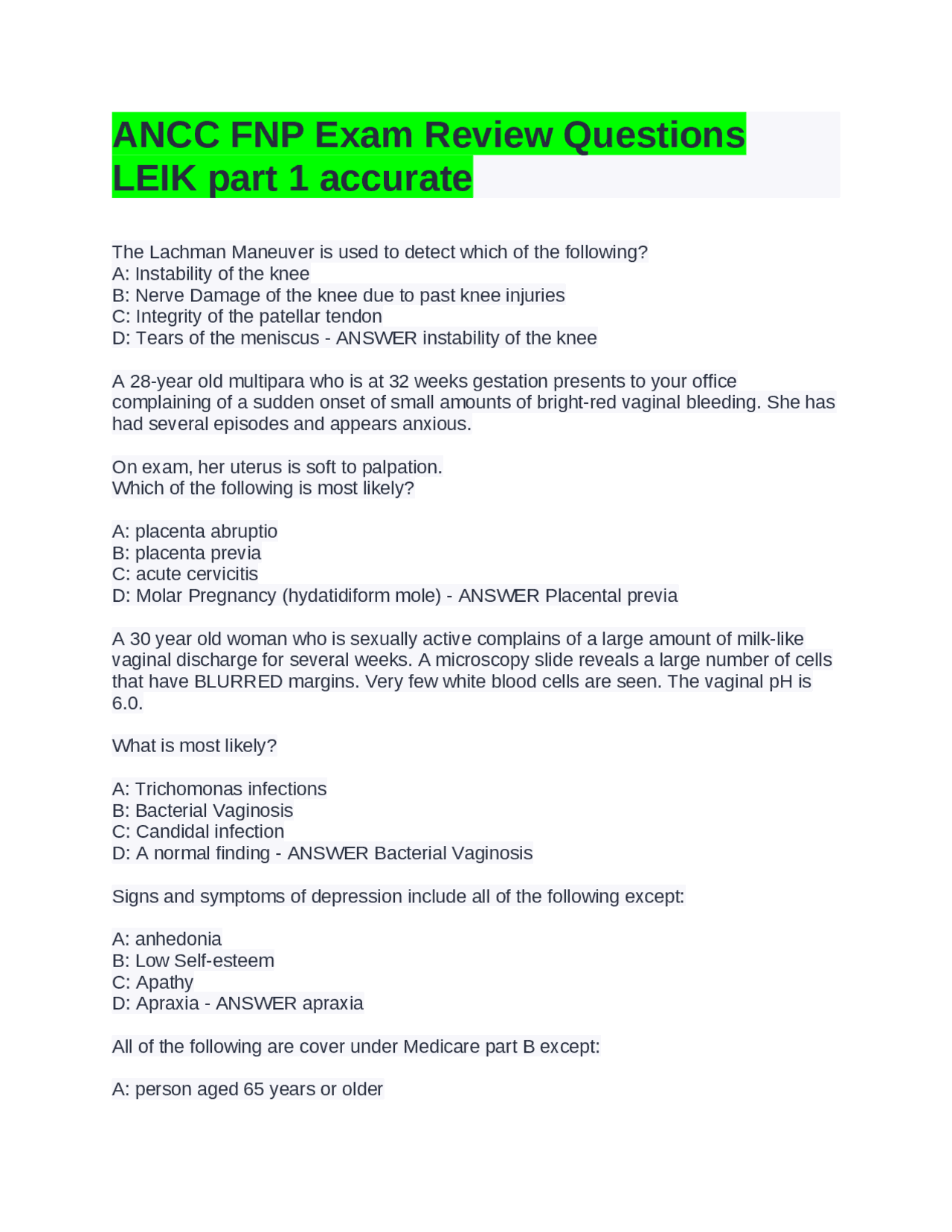 ANCC FNP Exam Review Questions LEIK part 1 accurate | Exams Nursing ...