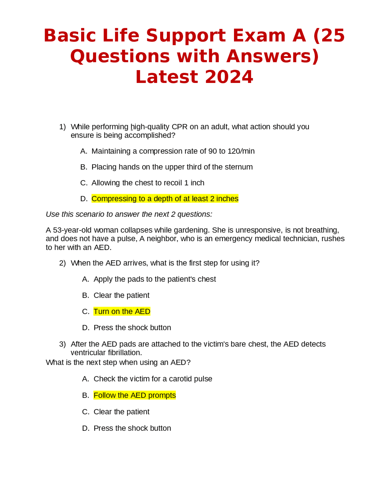 Basic Life Support Exam A (25 Questions with Answers) Latest 2024 ...