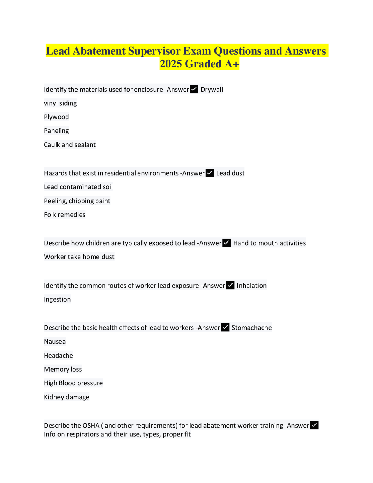 Lead Abatement Supervisor Exam Questions and Answers 2025 Graded A+ ...