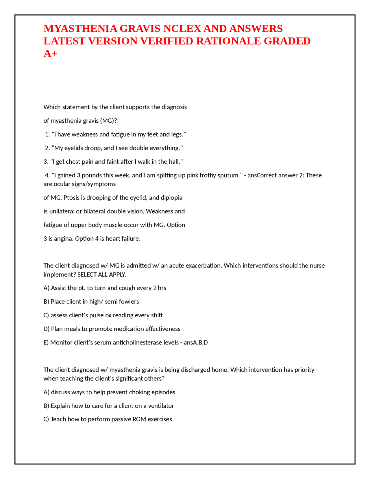 MYASTHENIA GRAVIS NCLEX AND ANSWERS LATEST VERSION VERIFIED RATIONALE ...