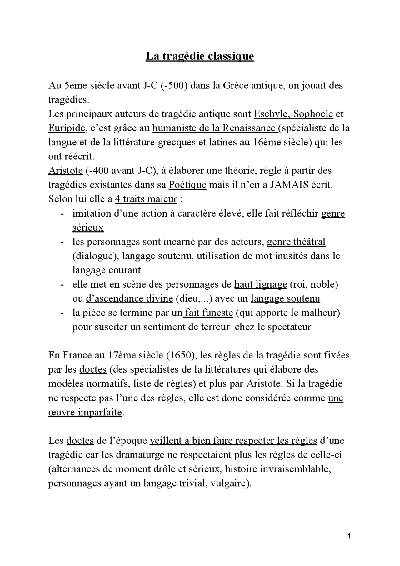La tragedie classique | Study notes French | Docsity
