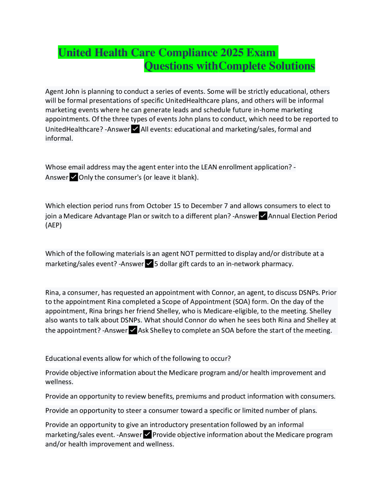 UnitedHealth Care Compliance 2025 Exam | Exams Community Health | Docsity