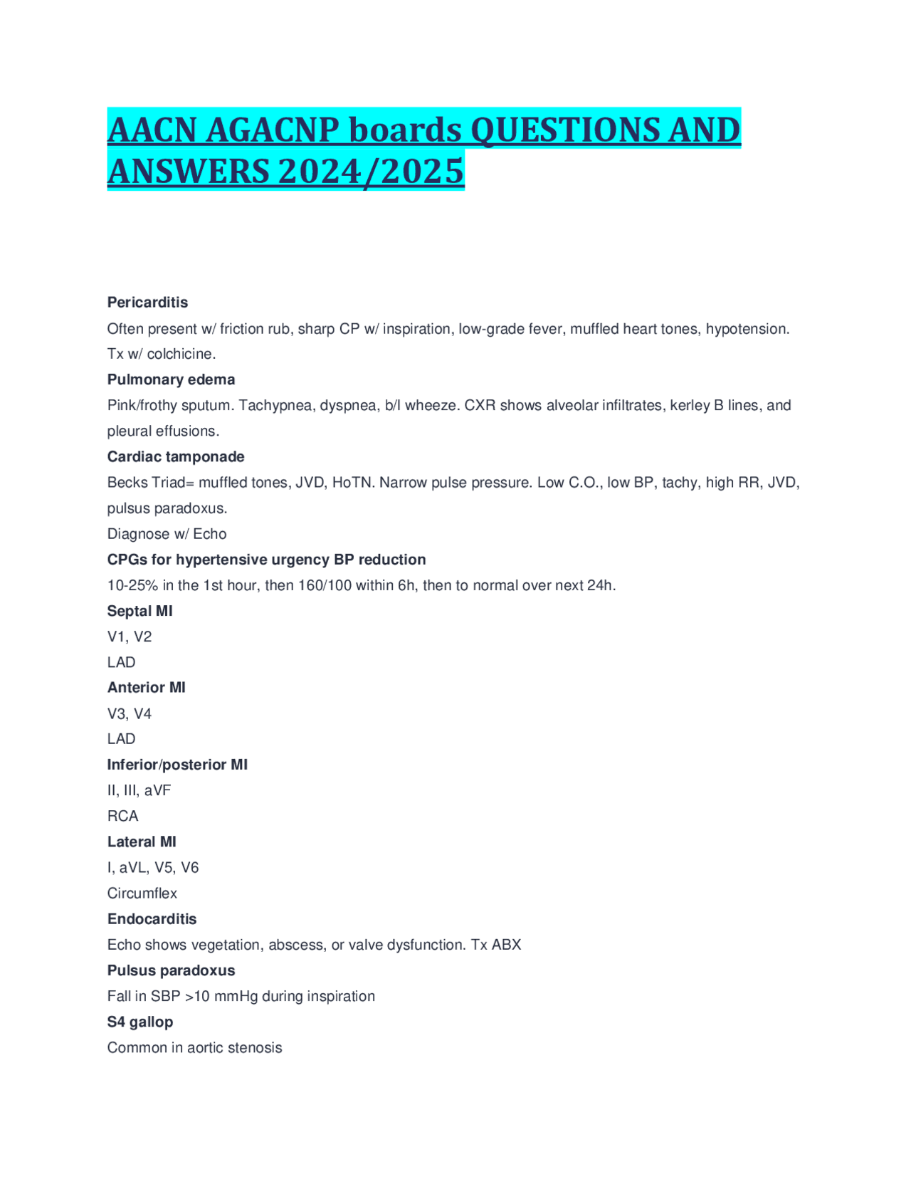 AACN AGACNP boards QUESTIONS AND ANSWERS 2024/2025 | Study Guides ...