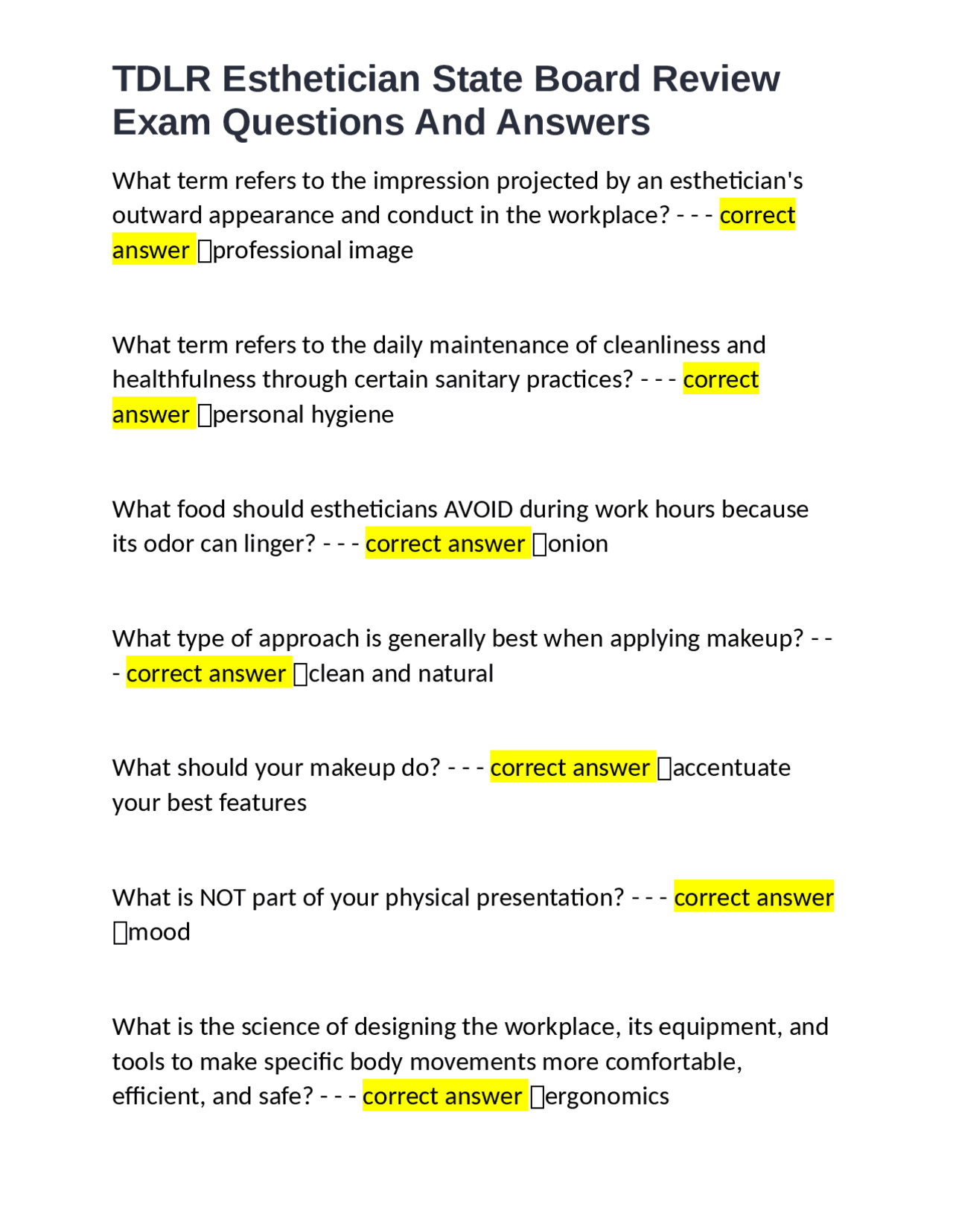 TDLR Esthetician State Board Review Exam Questions And Answers | Exams ...