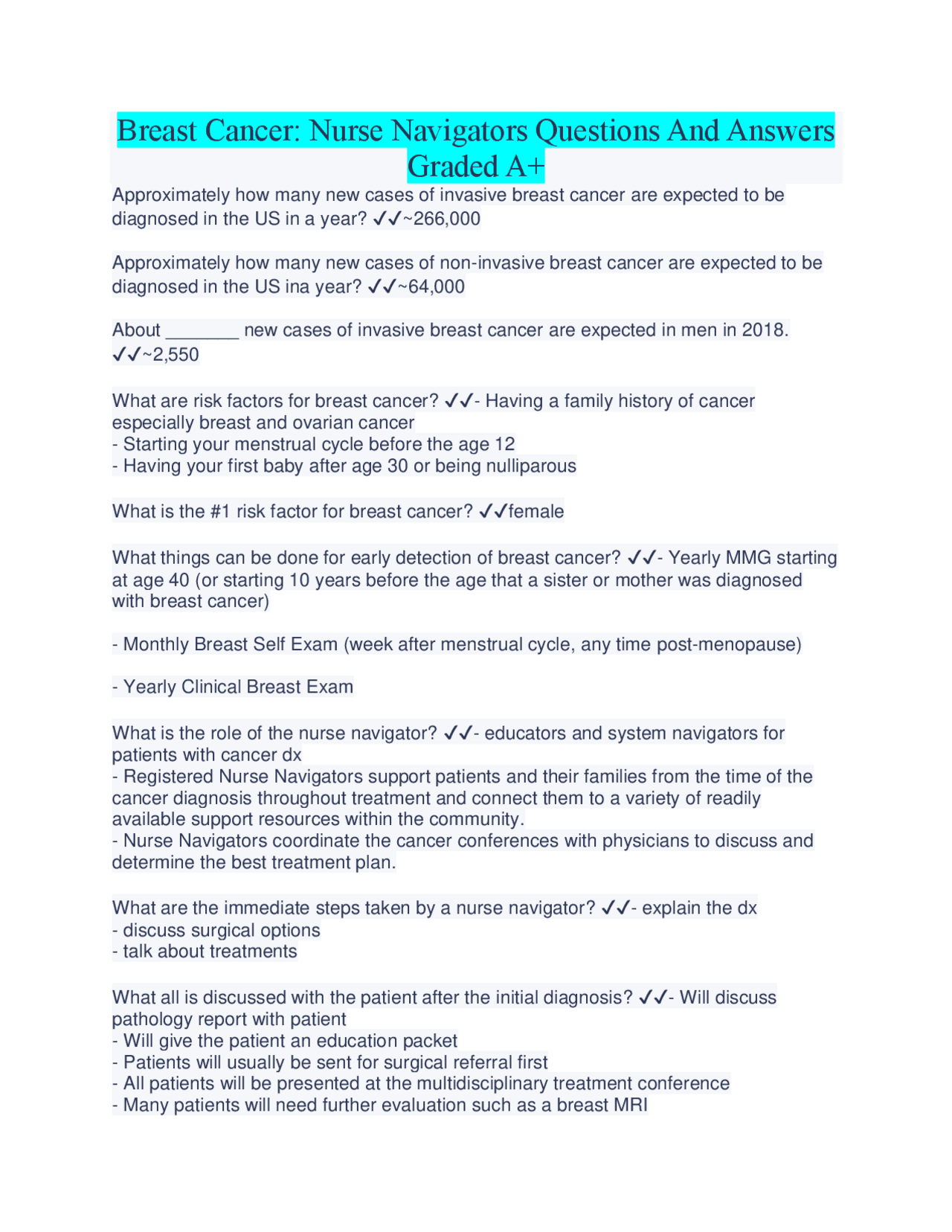 Breast Cancer: Nurse Navigators Questions and Answers | Exams Nursing ...