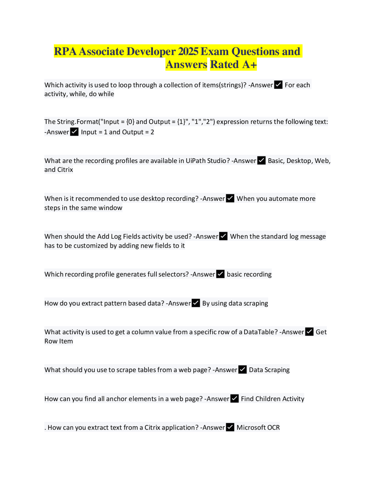 RPA Associate Developer 2025 Exam Questions and Answers Rated A+ | Exams Data Communication ...