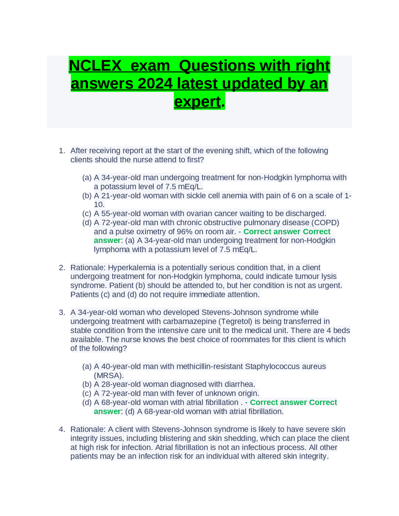 NCLEX exam Questions with right answers 2024 latest updated by an ...