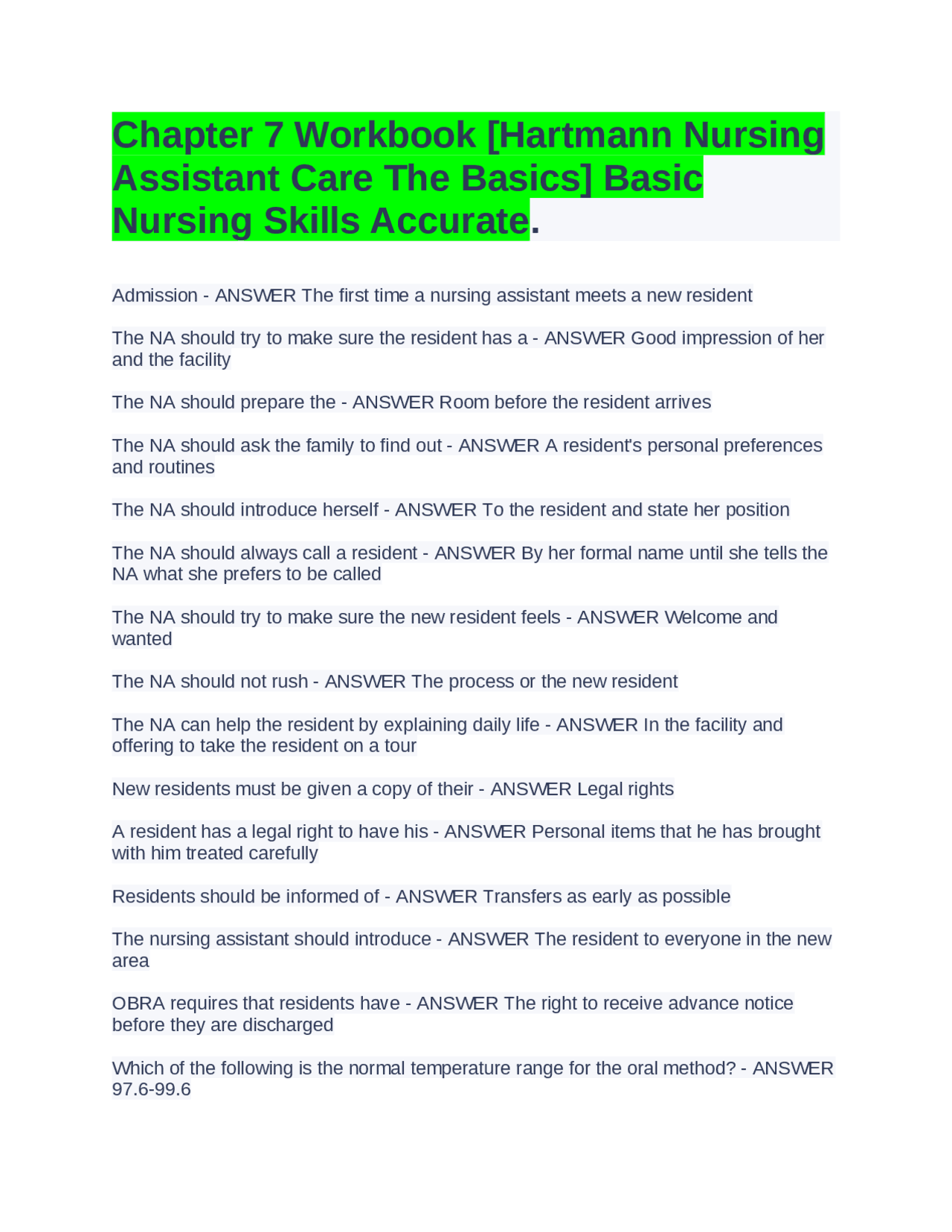 Chapter 7 Workbook [Hartmann Nursing Assistant Care The Basics] Basic ...
