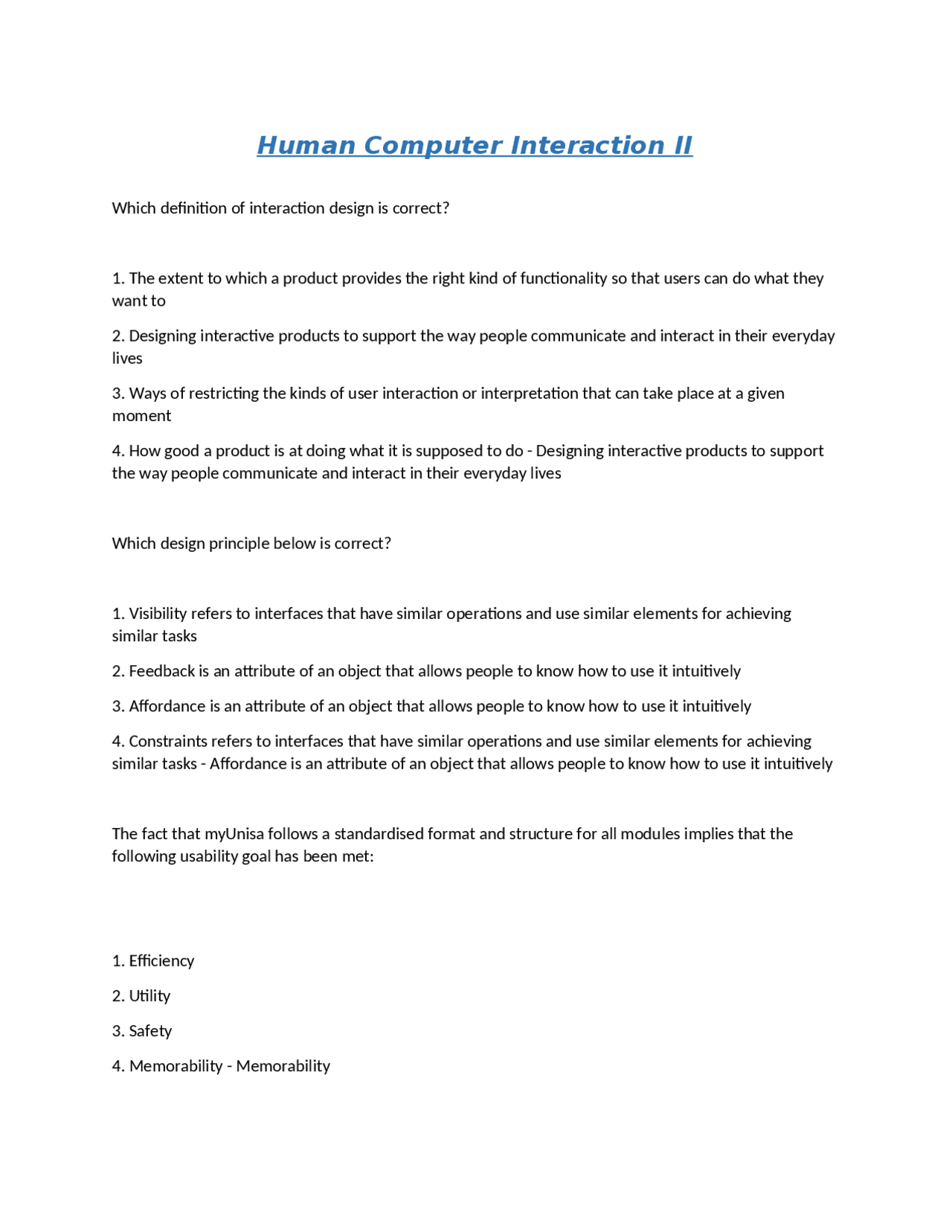 Human Computer Interaction II | Exams Advanced Education | Docsity