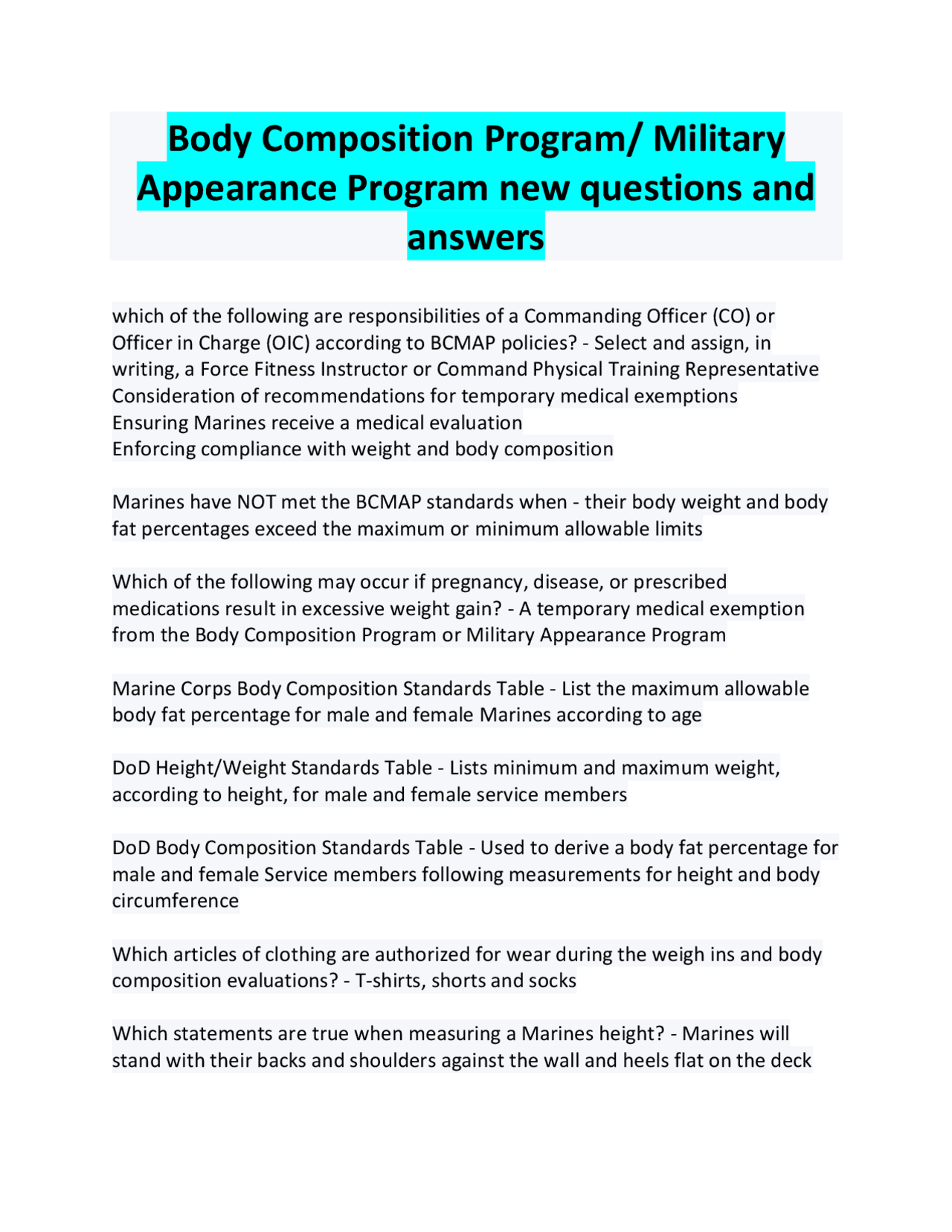 Body Composition Program Military Appearance Program new questions and ...