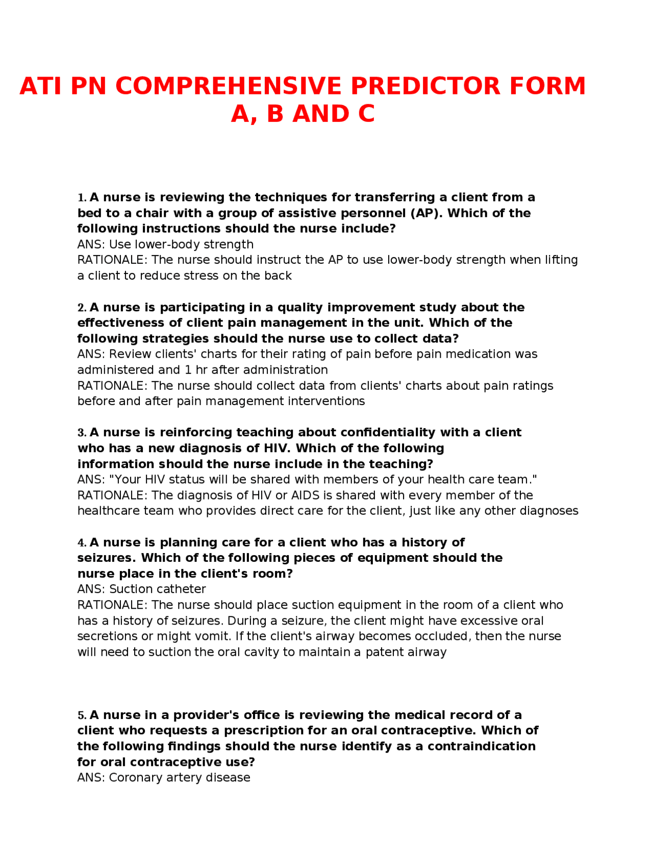 ATI PN COMPREHENSIVE PREDICTOR FORM A, B AND C | Exams Nursing | Docsity