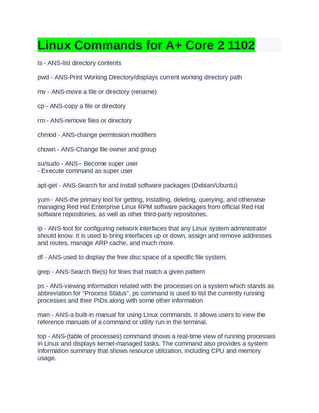 Essential Linux Commands for A+ Core 2 1102 | Exams Advanced Education | Docsity