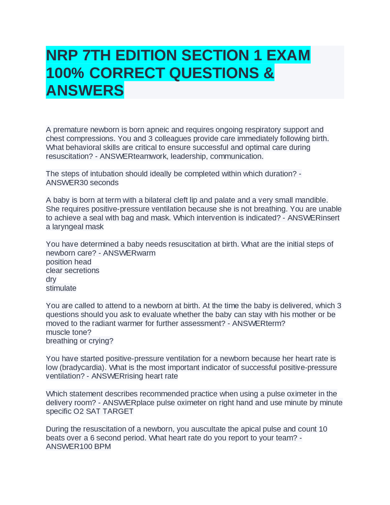 NRP 7TH EDITION SECTION 1 EXAM 100% CORRECT QUESTIONS & ANSWERS | Exams ...