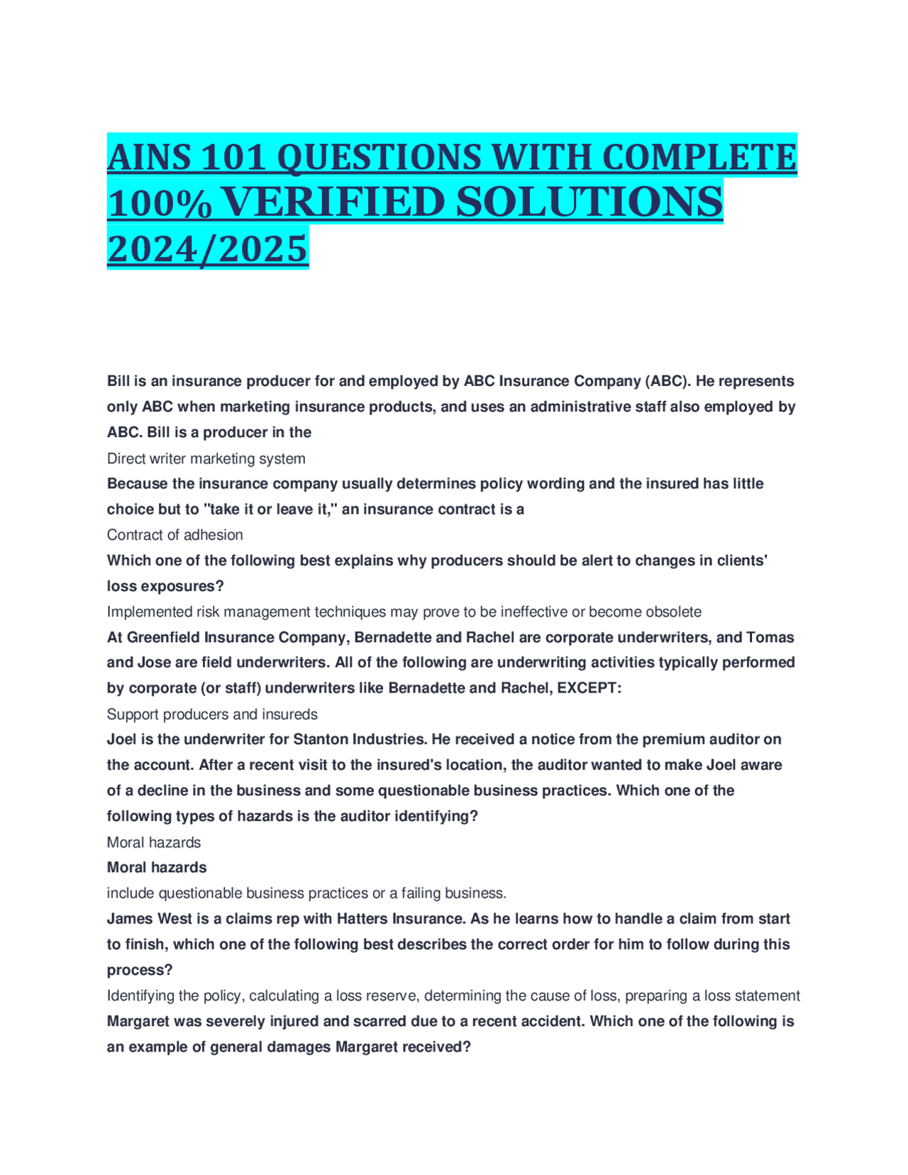 AINS 101 QUESTIONS WITH COMPLETE 100% VERIFIED SOLUTIONS 2024/2025 ...