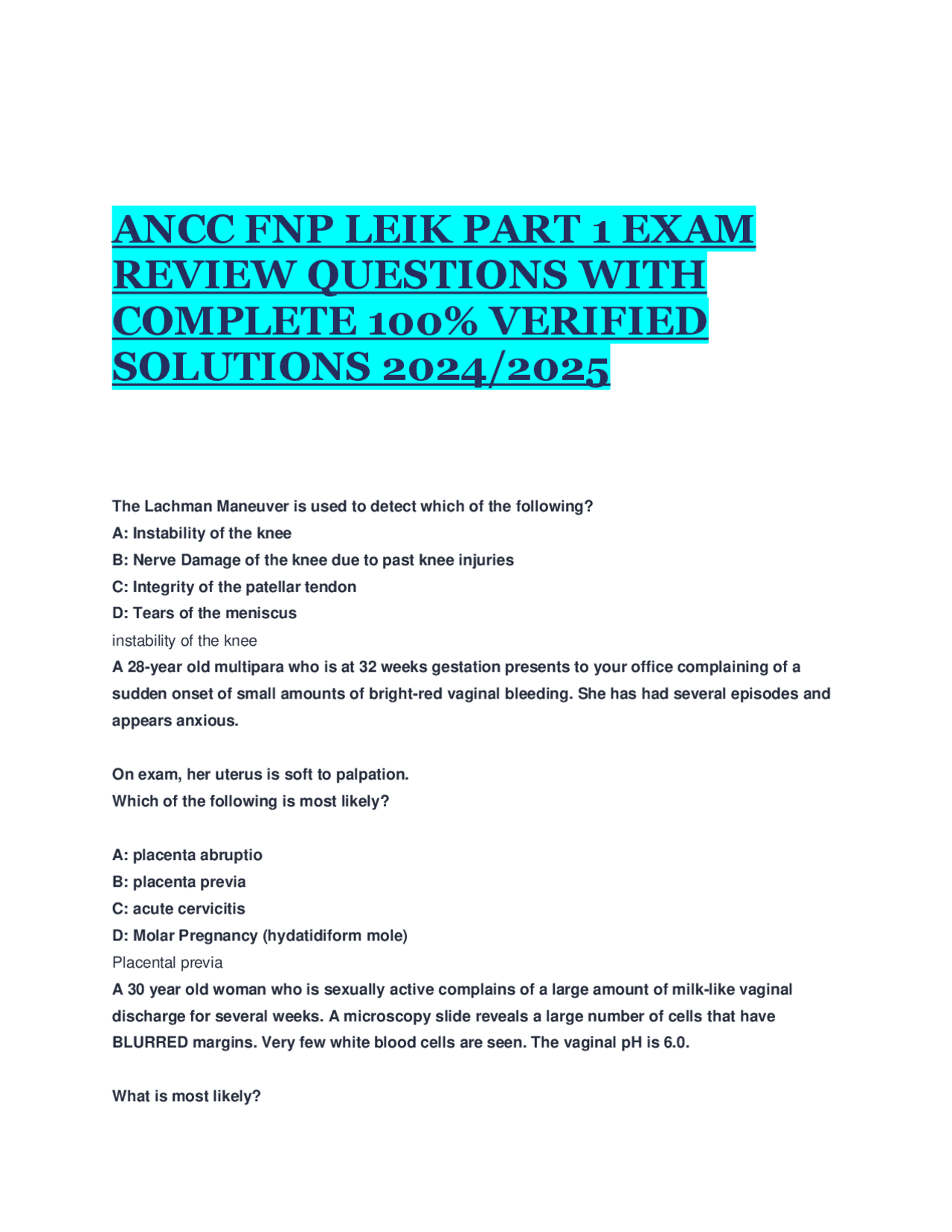ANCC FNP LEIK PART 1 EXAM REVIEW QUESTIONS WITH COMPLETE 100% VERIFIED ...