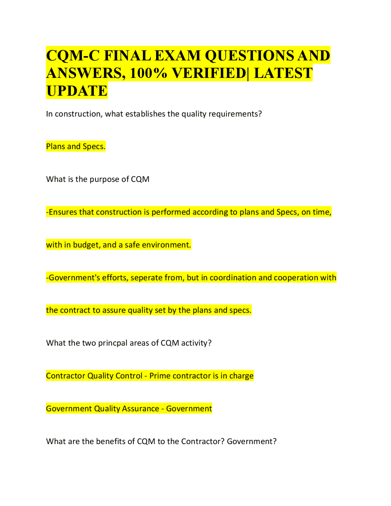 CQM-C FINAL EXAM QUESTIONS AND ANSWERS, 100% VERIFIED| LATEST UPDATE ...