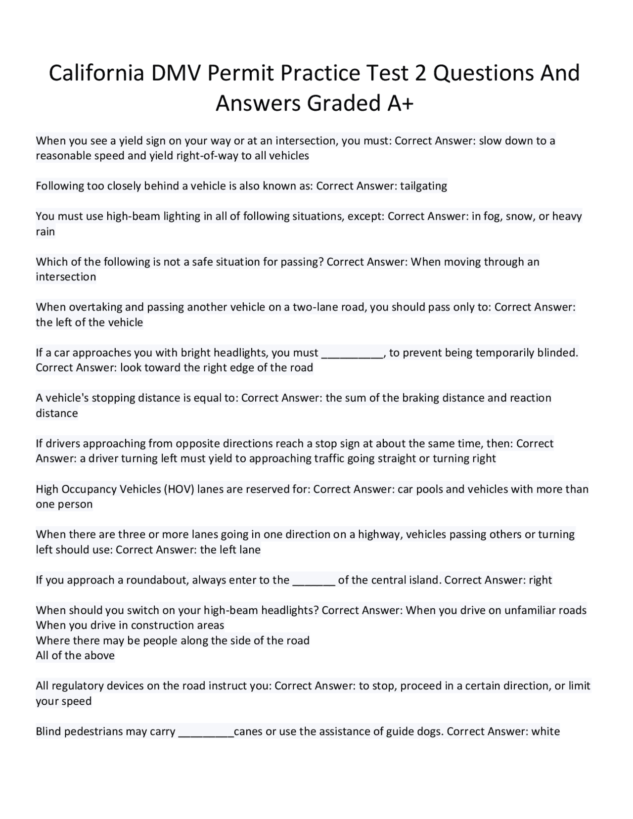 California DMV Permit Practice Test 2 Questions and Answers | Exams ...