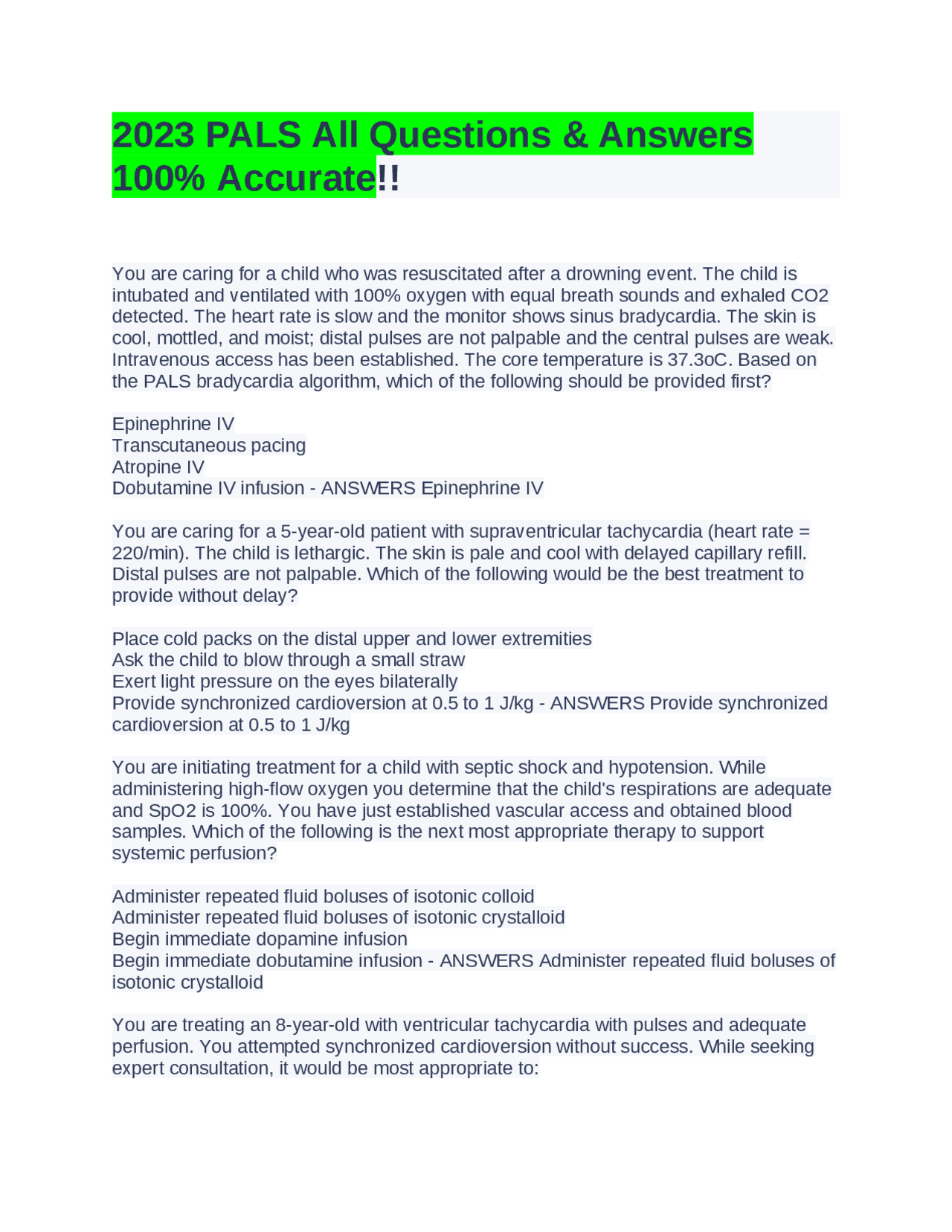 2023 PALS All Questions & Answers 100% Accurate!! | Exams Nursing | Docsity