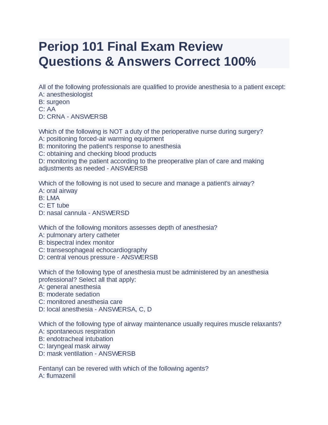 Periop 101 Final Exam Review Questions & Answers Correct 100% | Exams ...