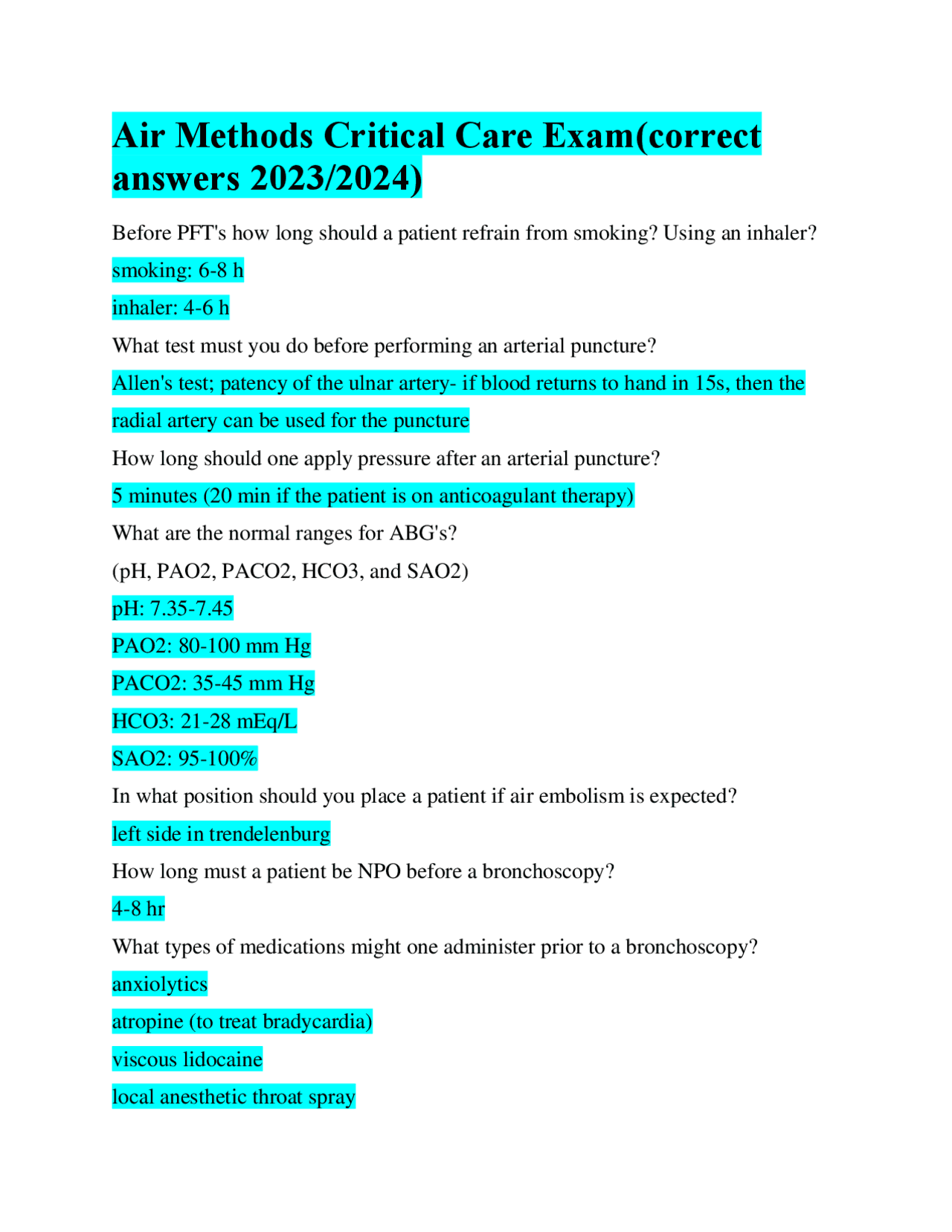2024/2025 Air Methods Critical Care Exam(100% Correct answers|Tested ...