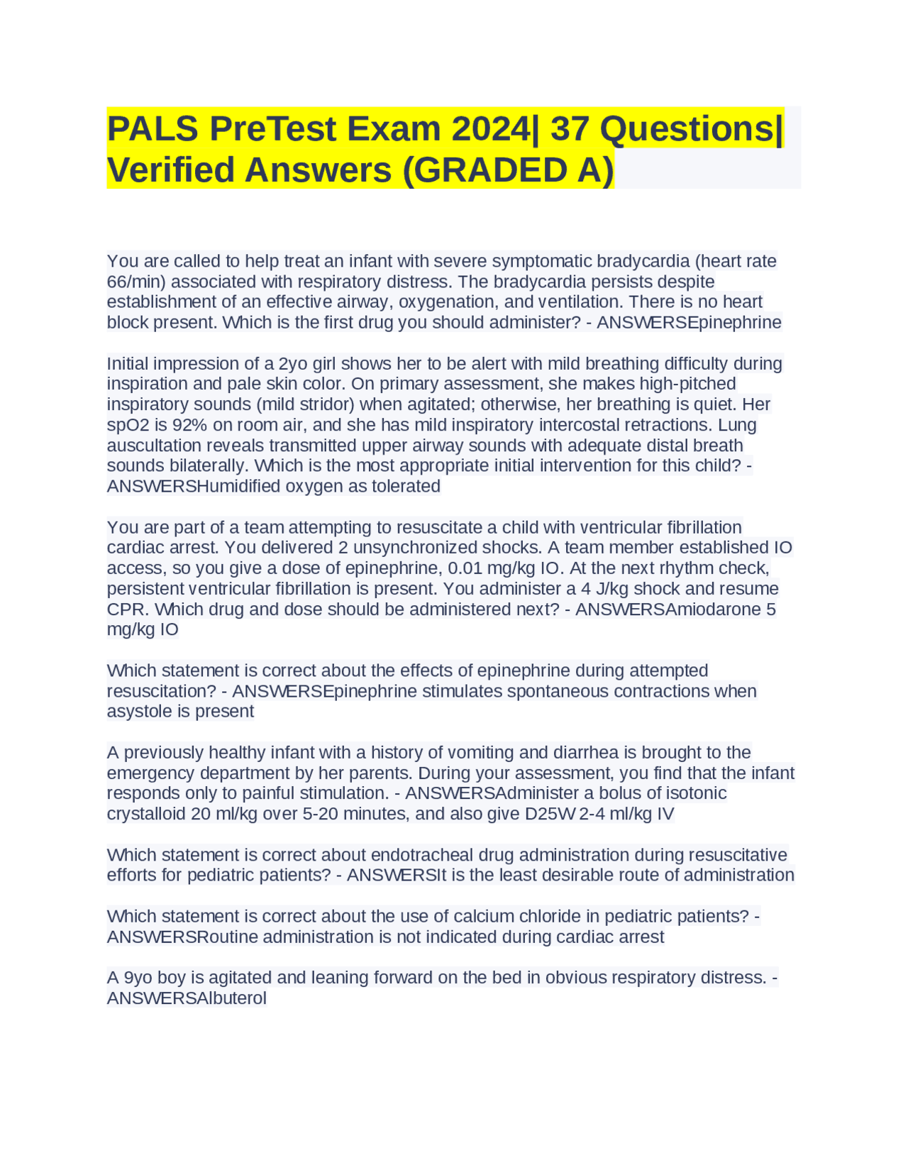 PALS PreTest Exam 2024| 37 Questions| Verified Answers (GRADED A ...