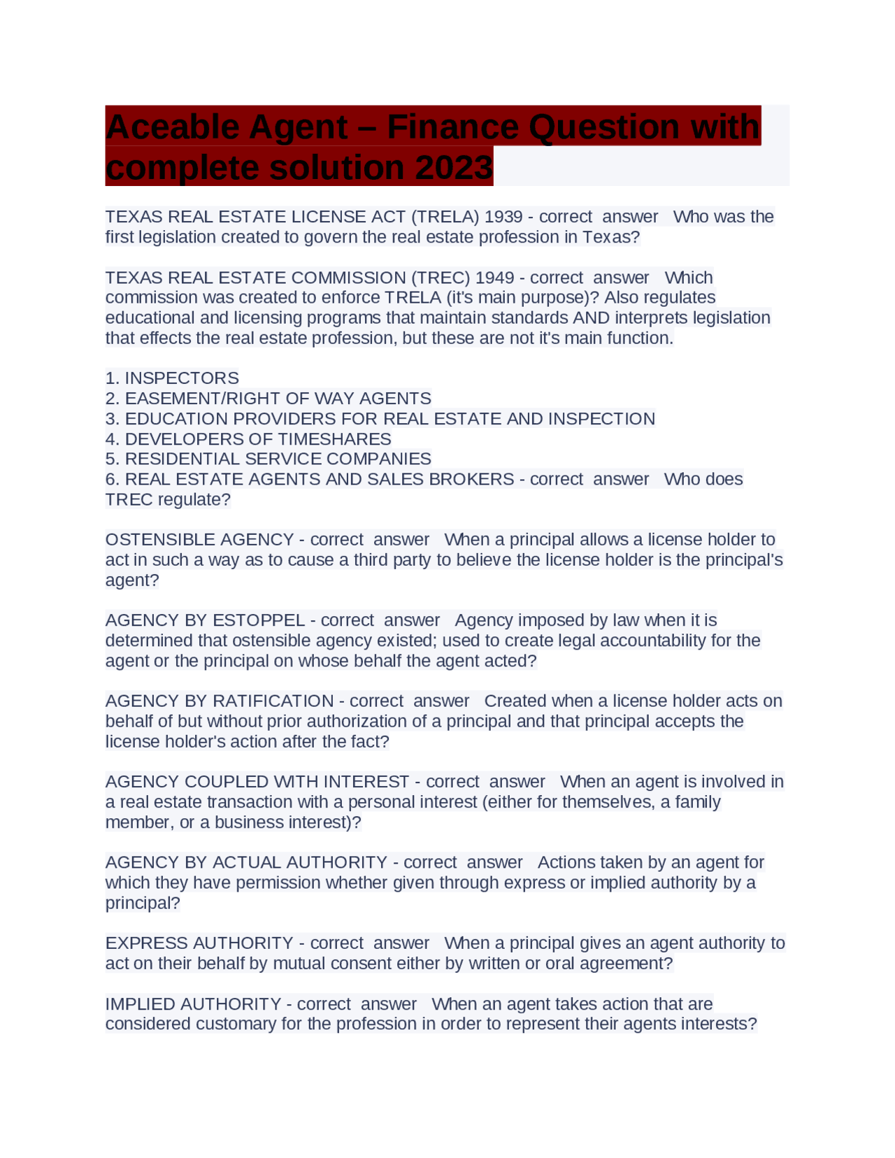Aceable Agent – Finance Question with complete solution 2023 | Exams ...