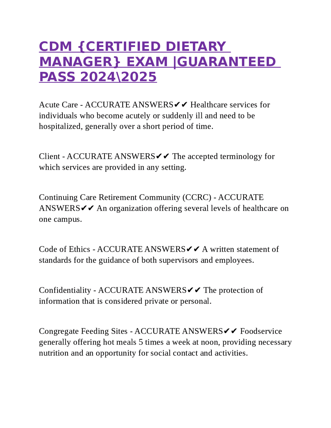 CDM {CERTIFIED DIETARY MANAGER} EXAM |GUARANTEED PASS 2024\2025 | Exams ...