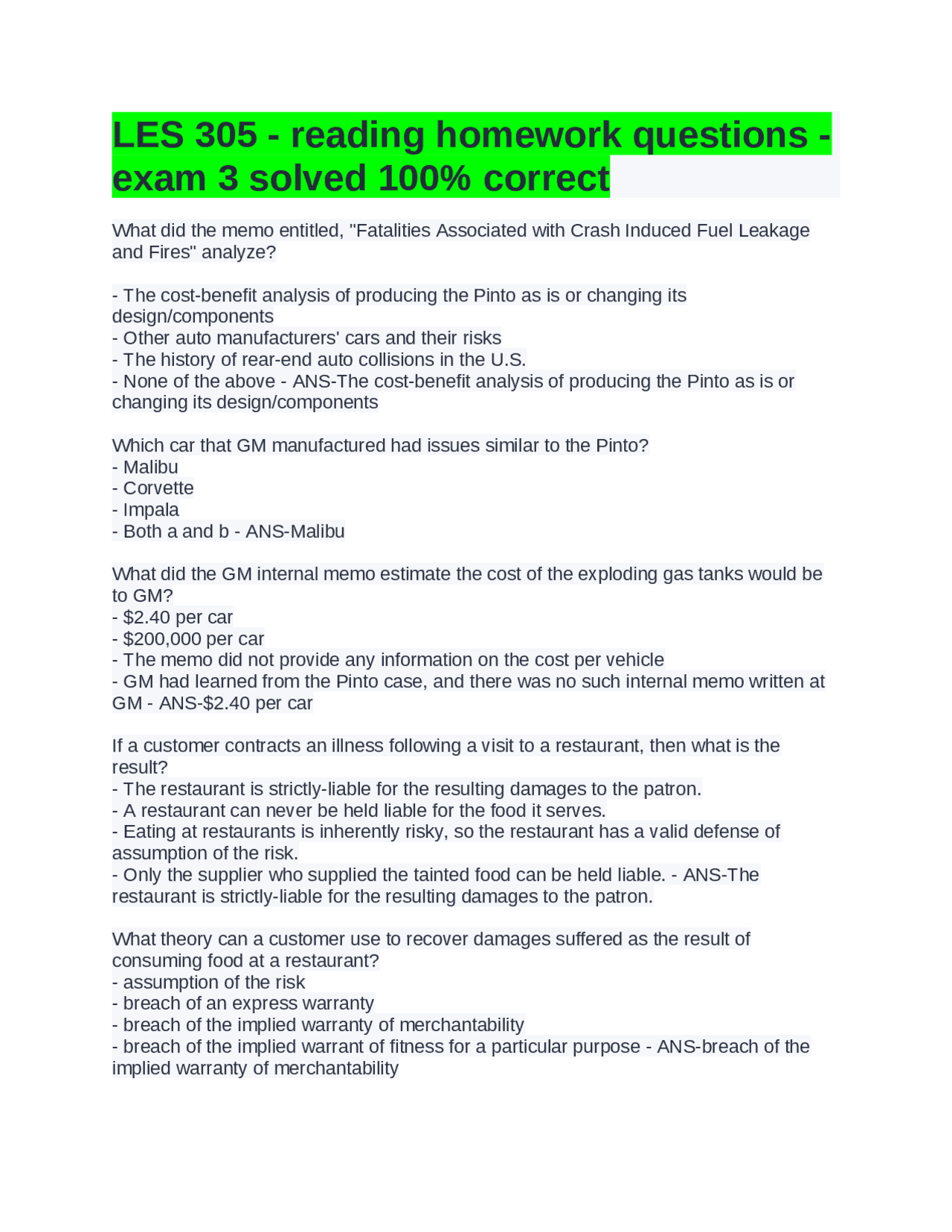 LES 305 - Reading Homework Questions Exam 3 Solved 100% Correct | Exams Advanced Education | Docsity