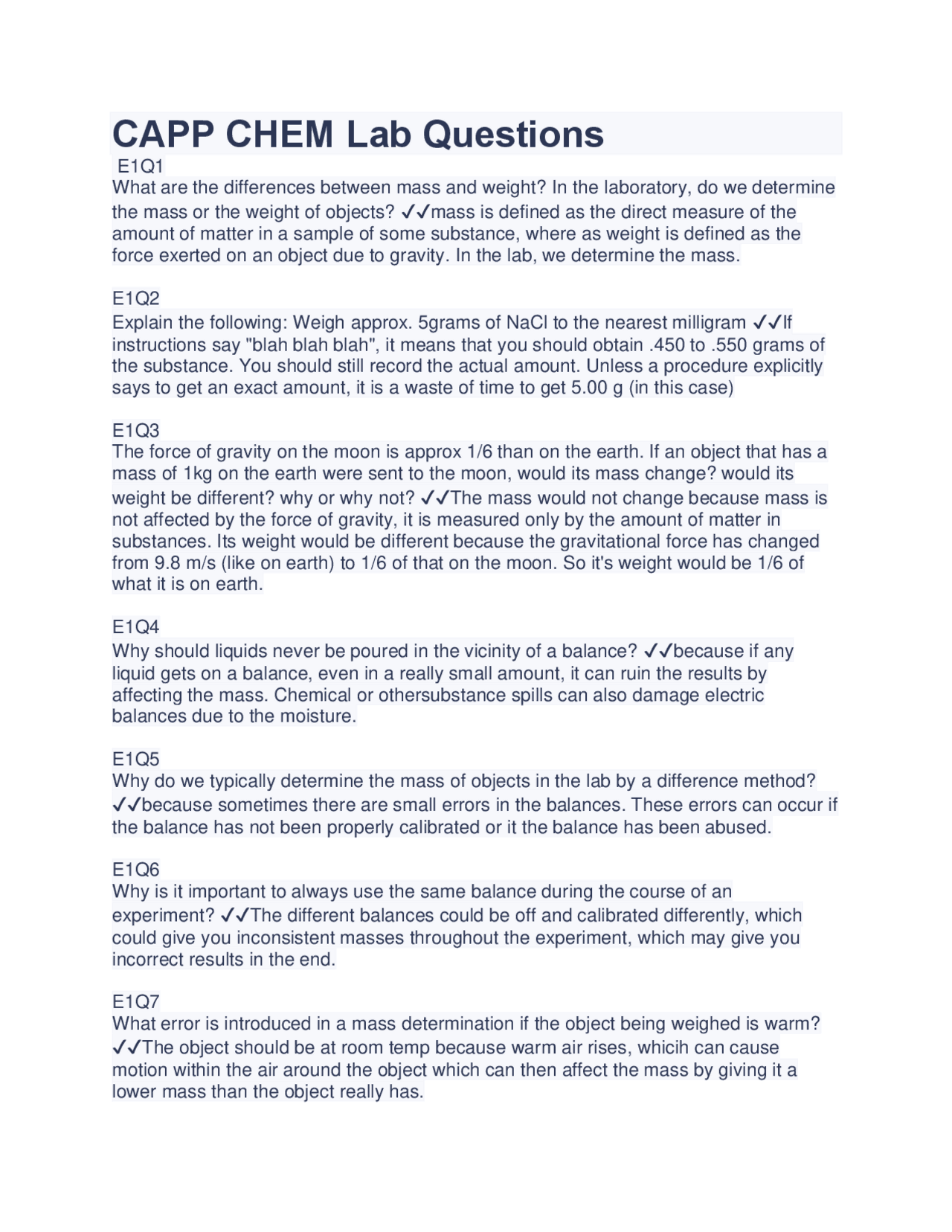 Capp Chem Lab Questions And Answers Exams Chemistry Docsity