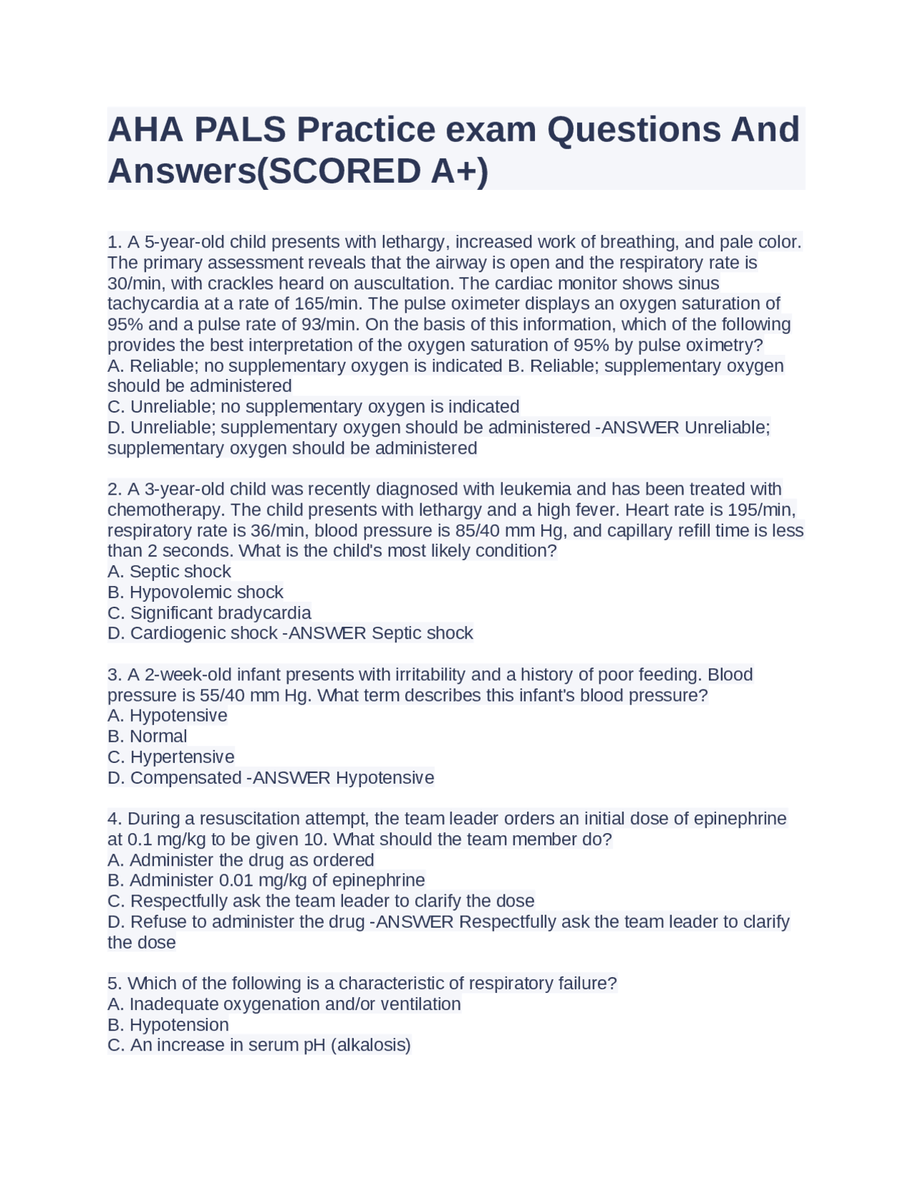 AHA PALS Practice exam Questions And Answers(SCORED A+) | Exams Nursing ...