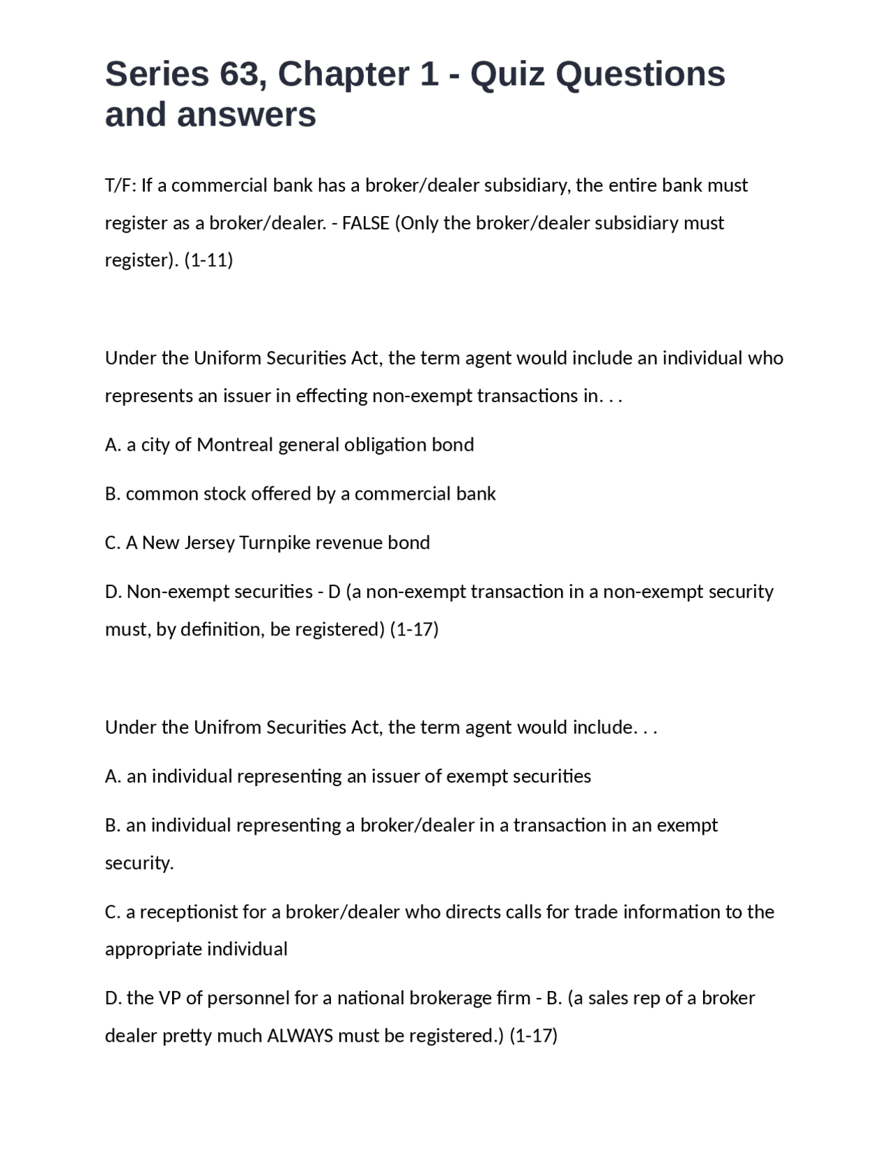 Series 63 Exam Preparation: Chapter 1 Quiz Questions and Answers ...